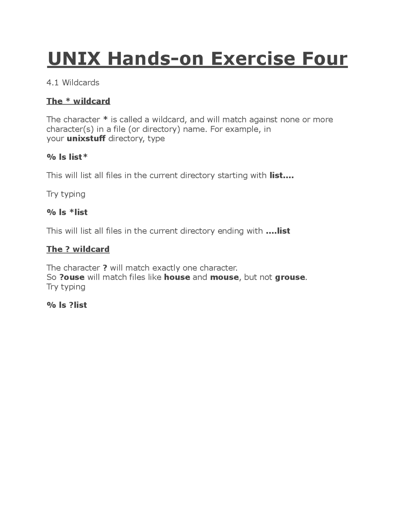 UNIX hands-on exercise | Exercises Computer Science | Docsity