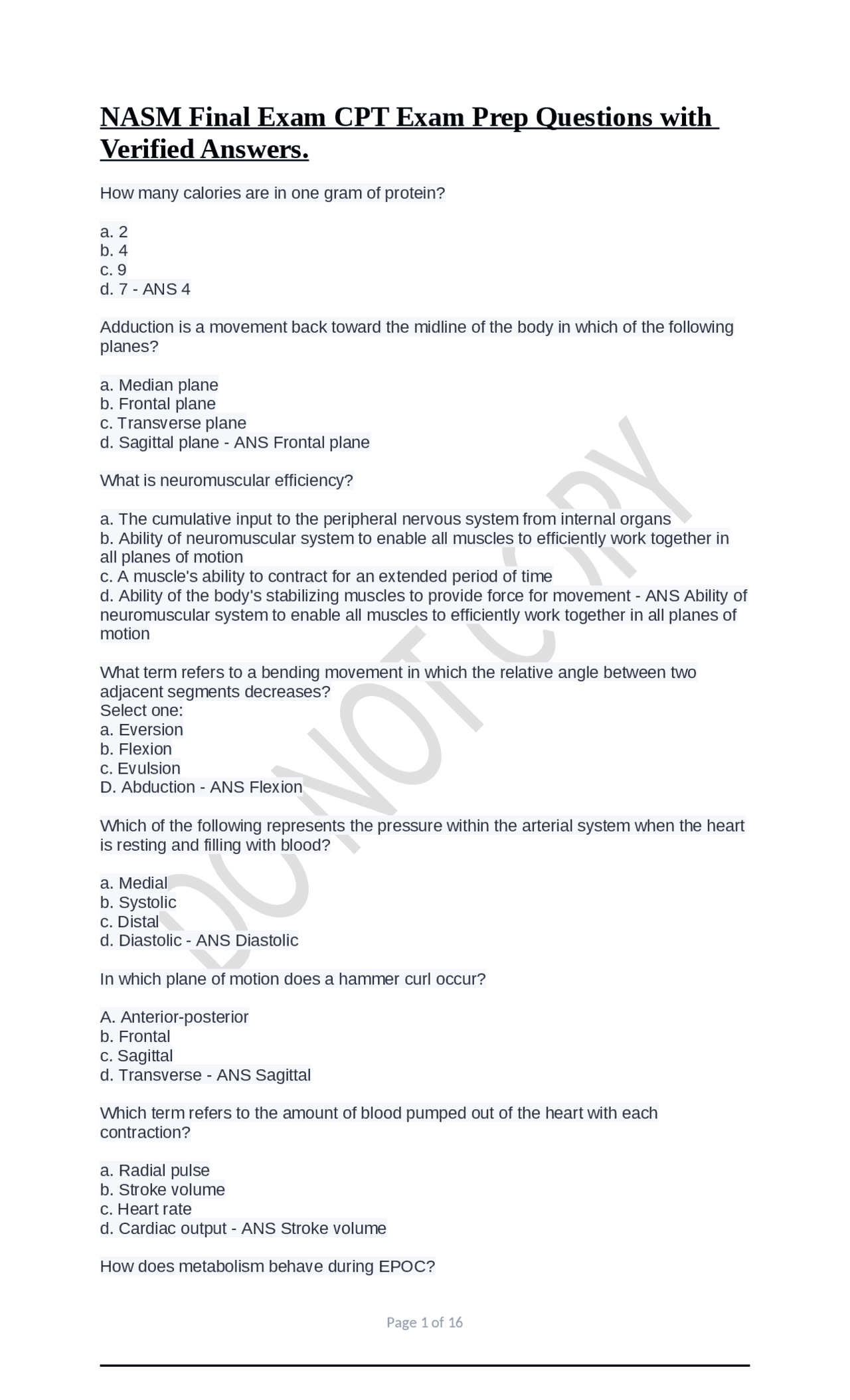 NASM Final Exam CPT Exam Prep Questions with Verified Answers. | Exams ...