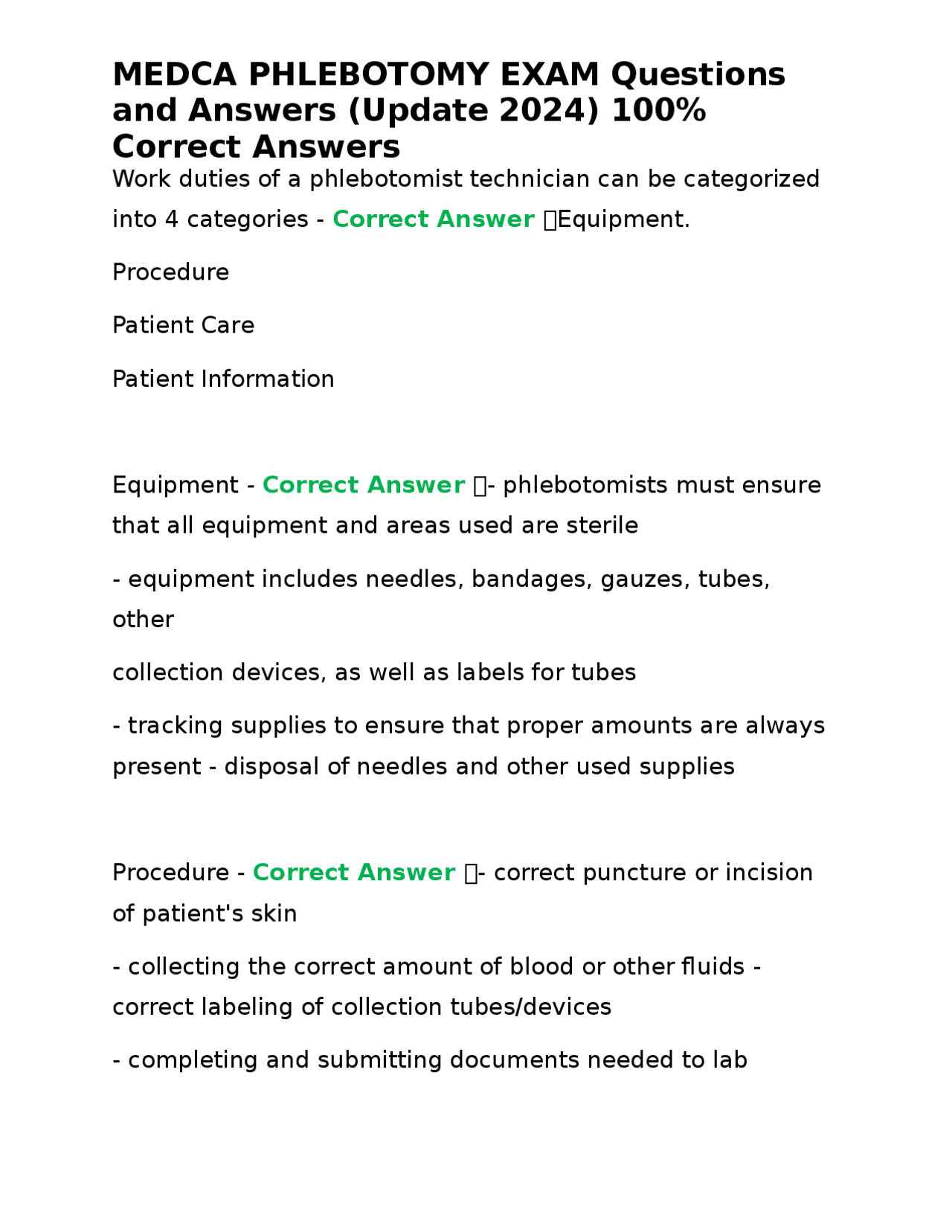 MEDCA PHLEBOTOMY EXAM Questions and Answers (Update 2024) 100% Correct ...