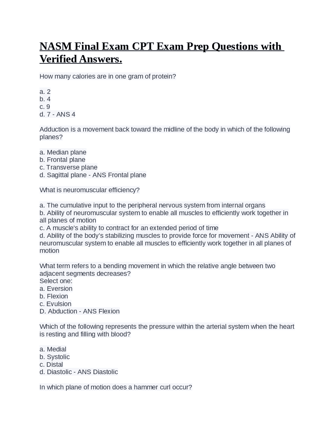 NASM Final Exam CPT Exam Prep Questions with Verified Answers. | Exams ...