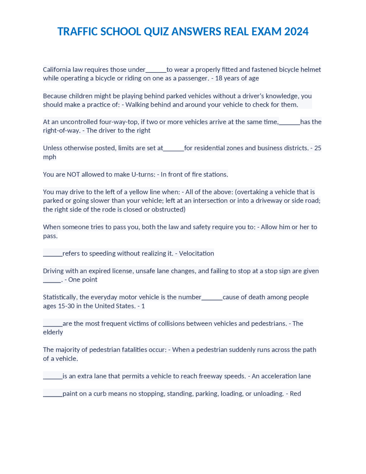 TRAFFIC SCHOOL QUIZ ANSWERS REAL EXAM 2024 | Exams Traffic Control and ...