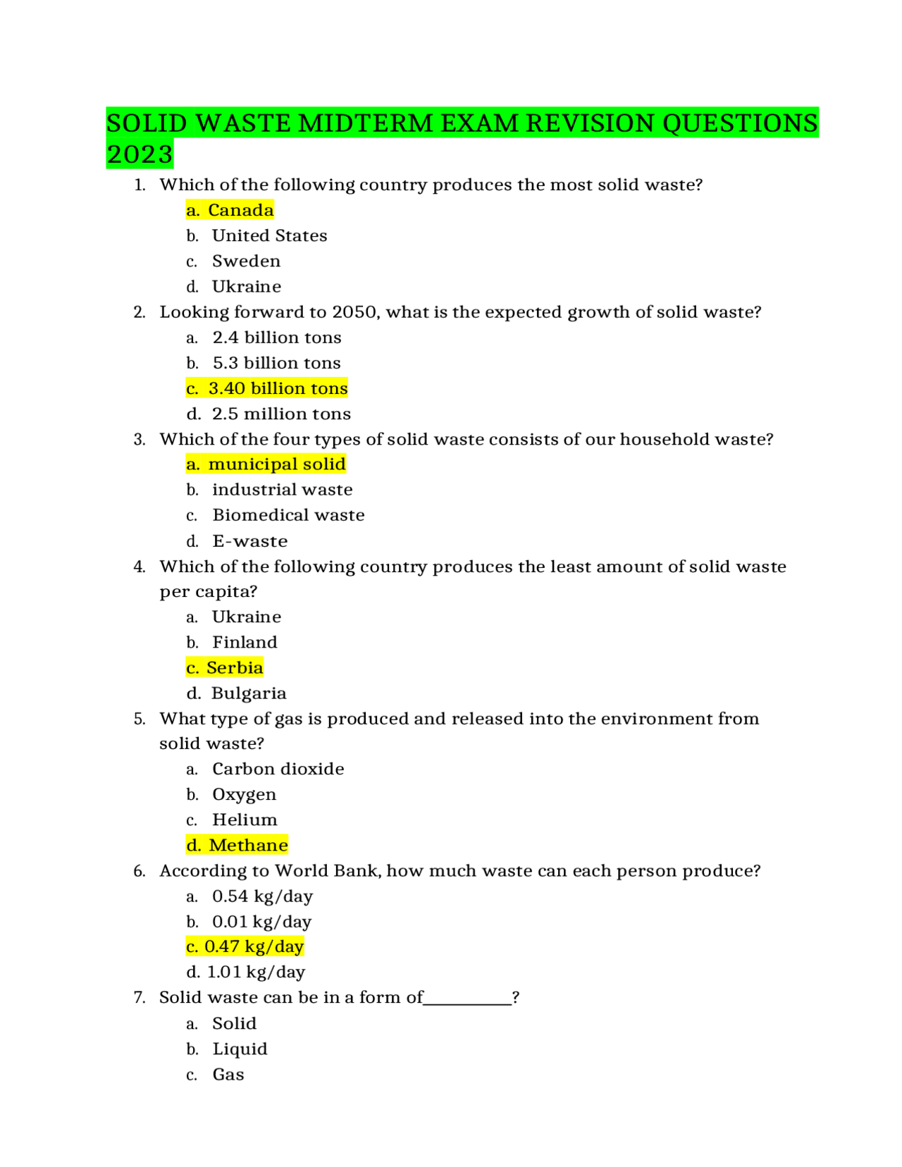 SOLID WASTE MIDTERM EXAM REVISION QUESTIONS 2023 | Exams Waste ...