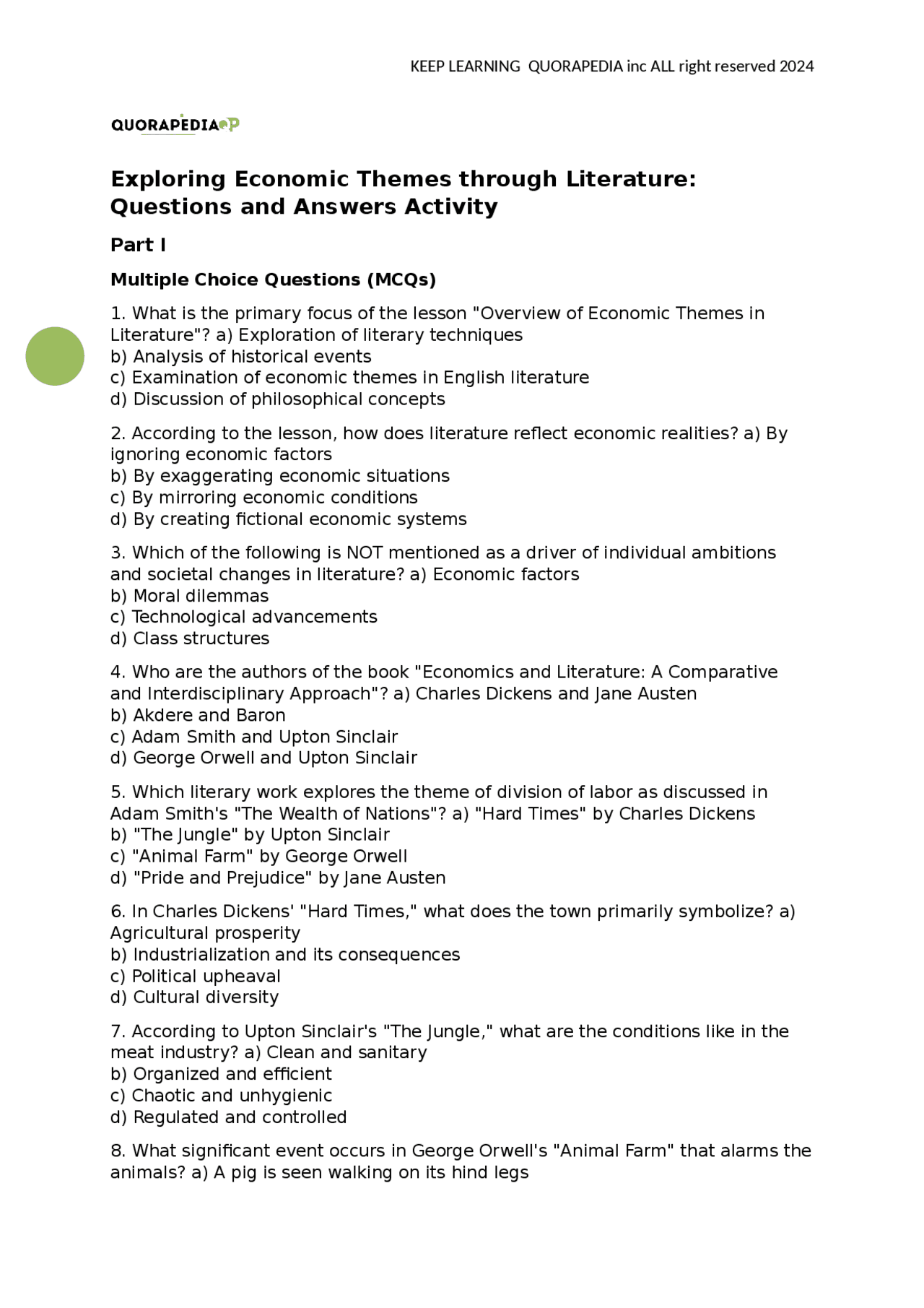 Exploring Economic Themes in Literature: Questions and Answers Activity ...