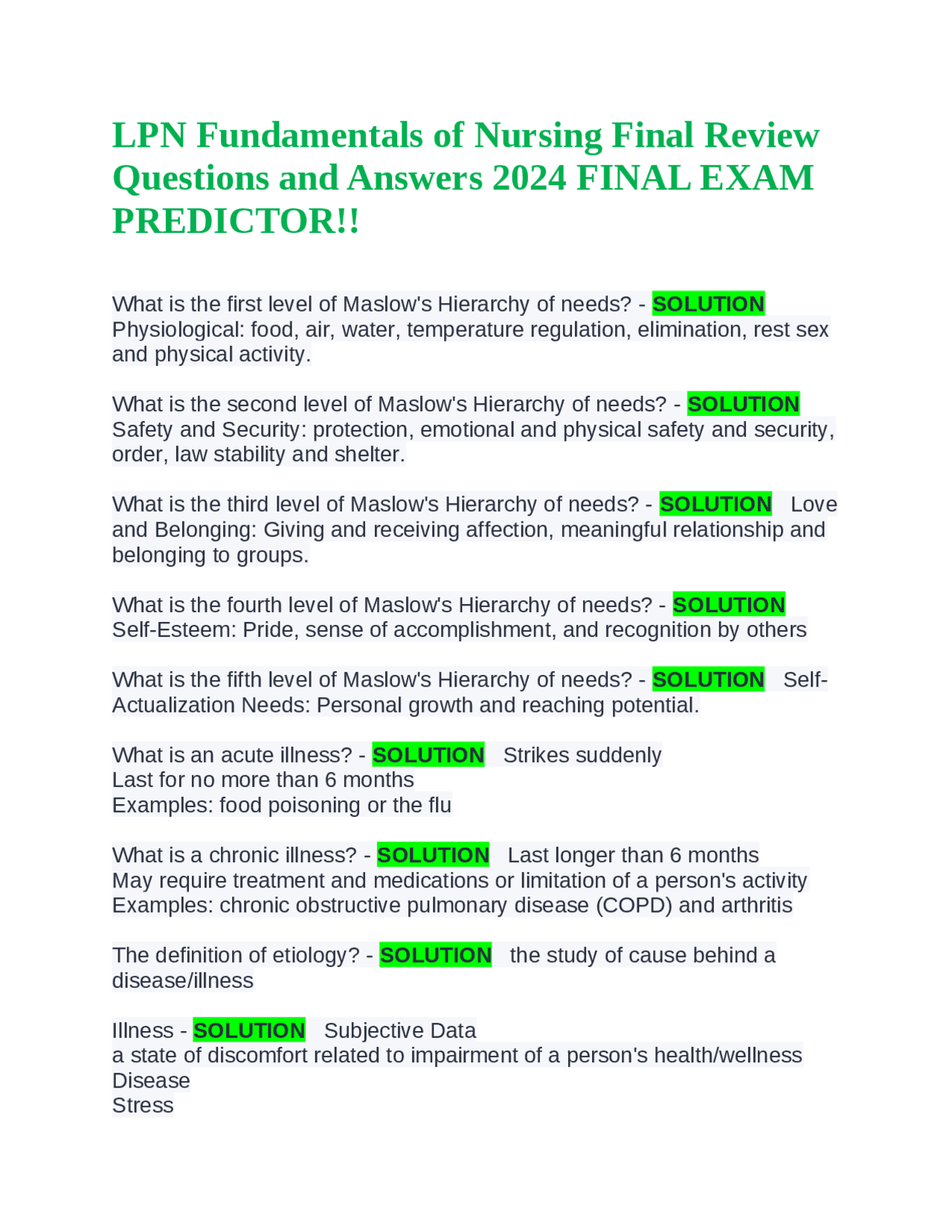 LPN Fundamentals of Nursing Final Review Questions and Answers 2024 ...