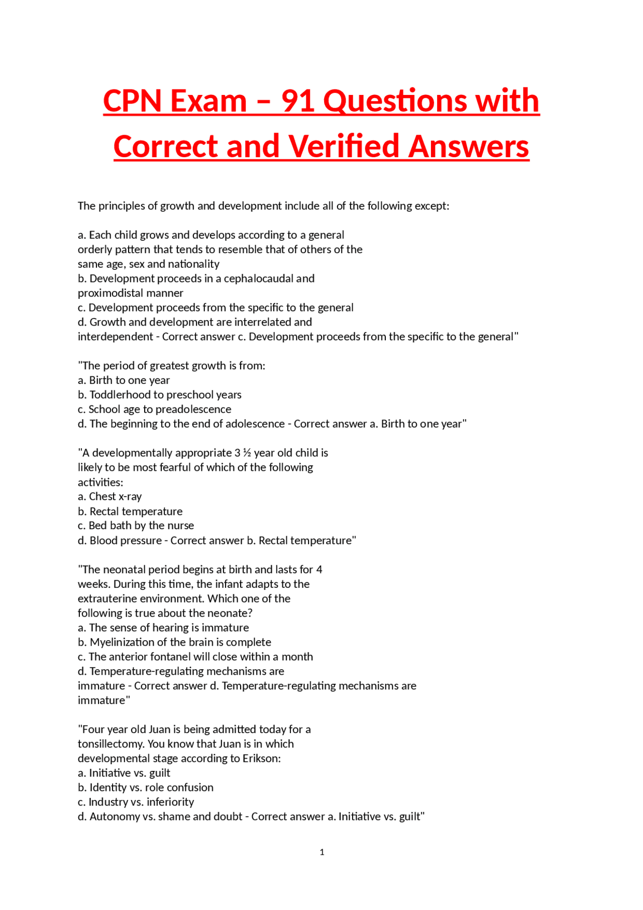 CPN Exam – 91 Questions with Correct and Verified Answers | Exams ...
