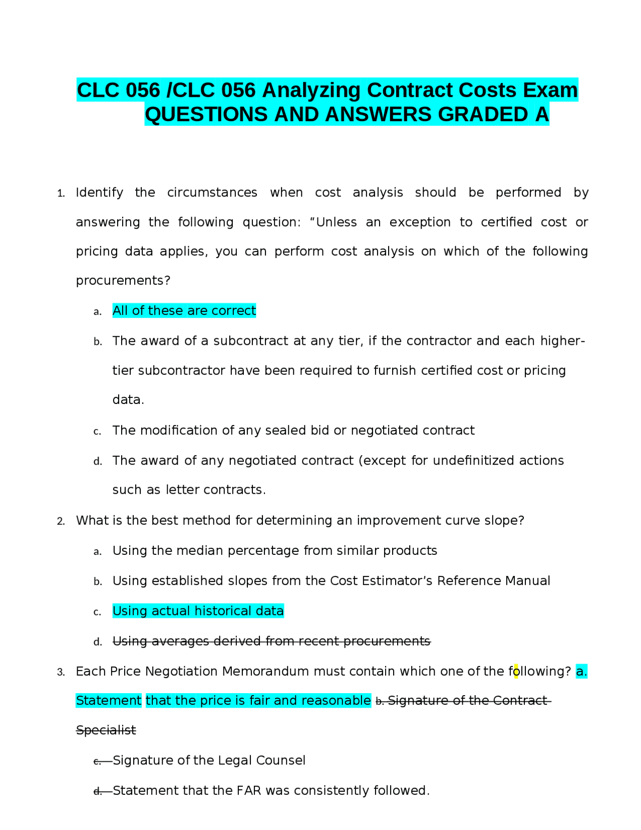 CLC 056 /CLC 056 Analyzing Contract Costs Exam QUESTIONS AND ANSWERS ...