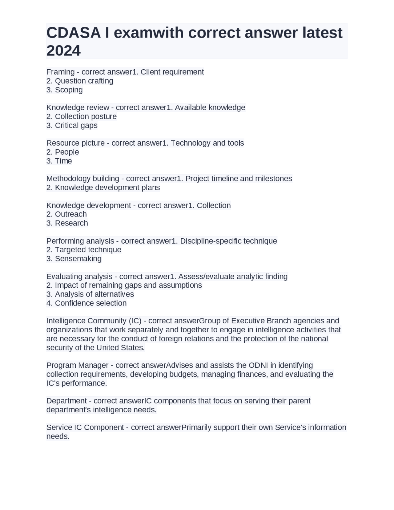 CDASA I Exam: Intelligence Agencies and Cycle | Exams Nursing | Docsity