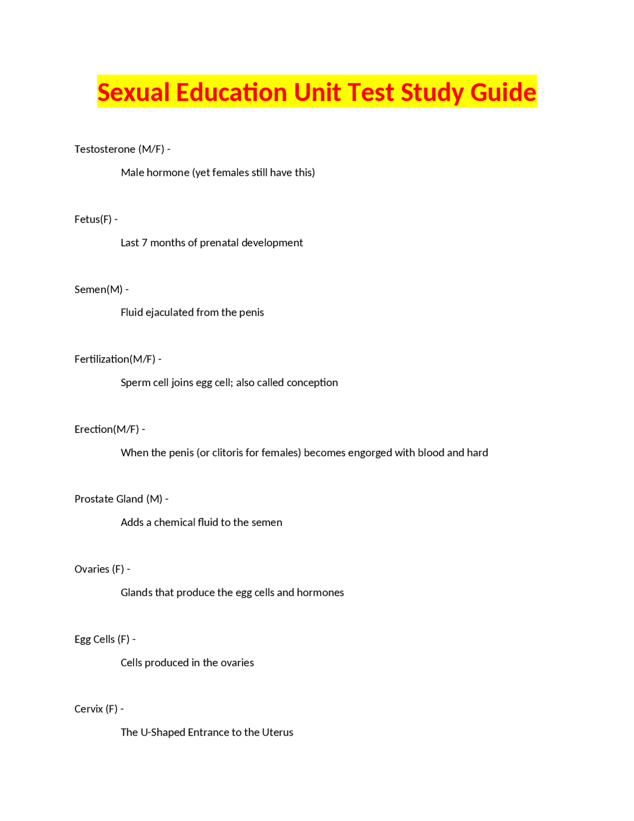 Sexual Education Unit Test Study Guide | Exams Psychology of Sex | Docsity