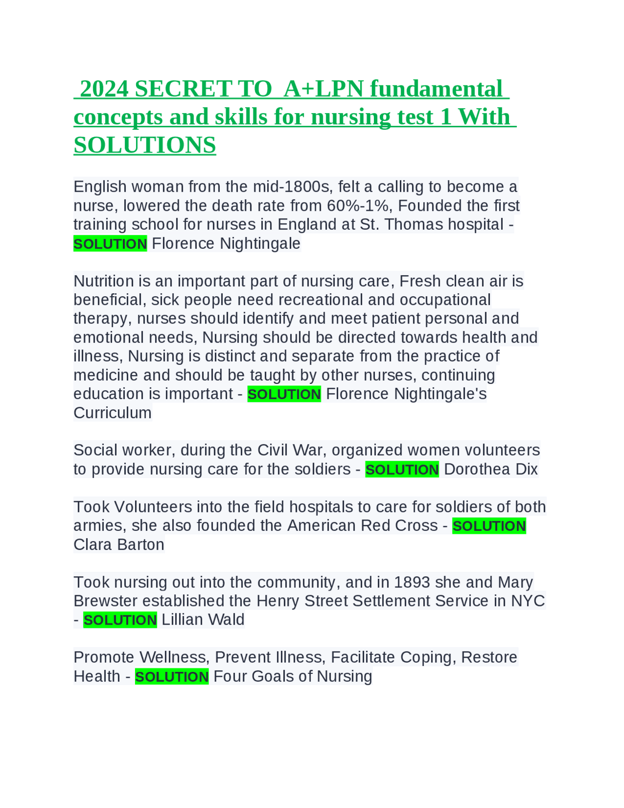 2024 SECRET TO A+LPN fundamental concepts and skills for nursing test 1 ...