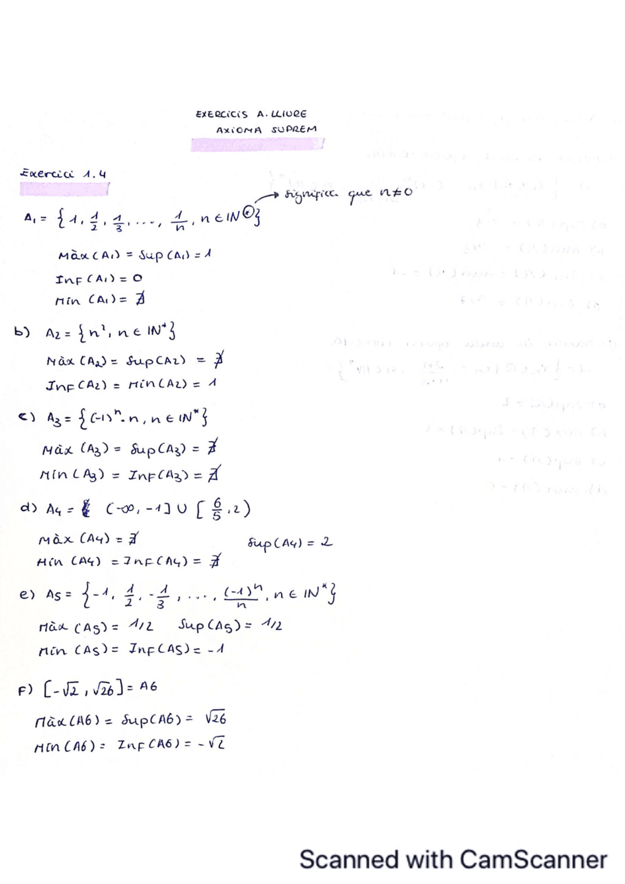 Exercicis axioma del suprem | Ejercicios de Cálculo | Docsity