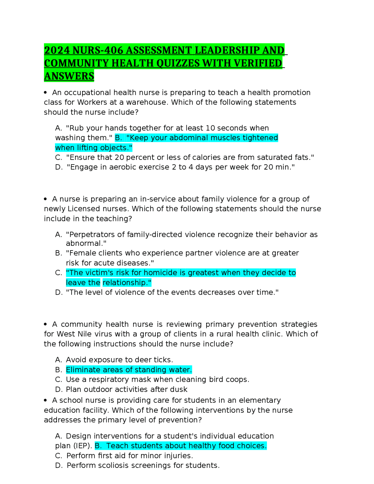 Nursing Assessment Quiz: Leadership and Community Health | Exams ...