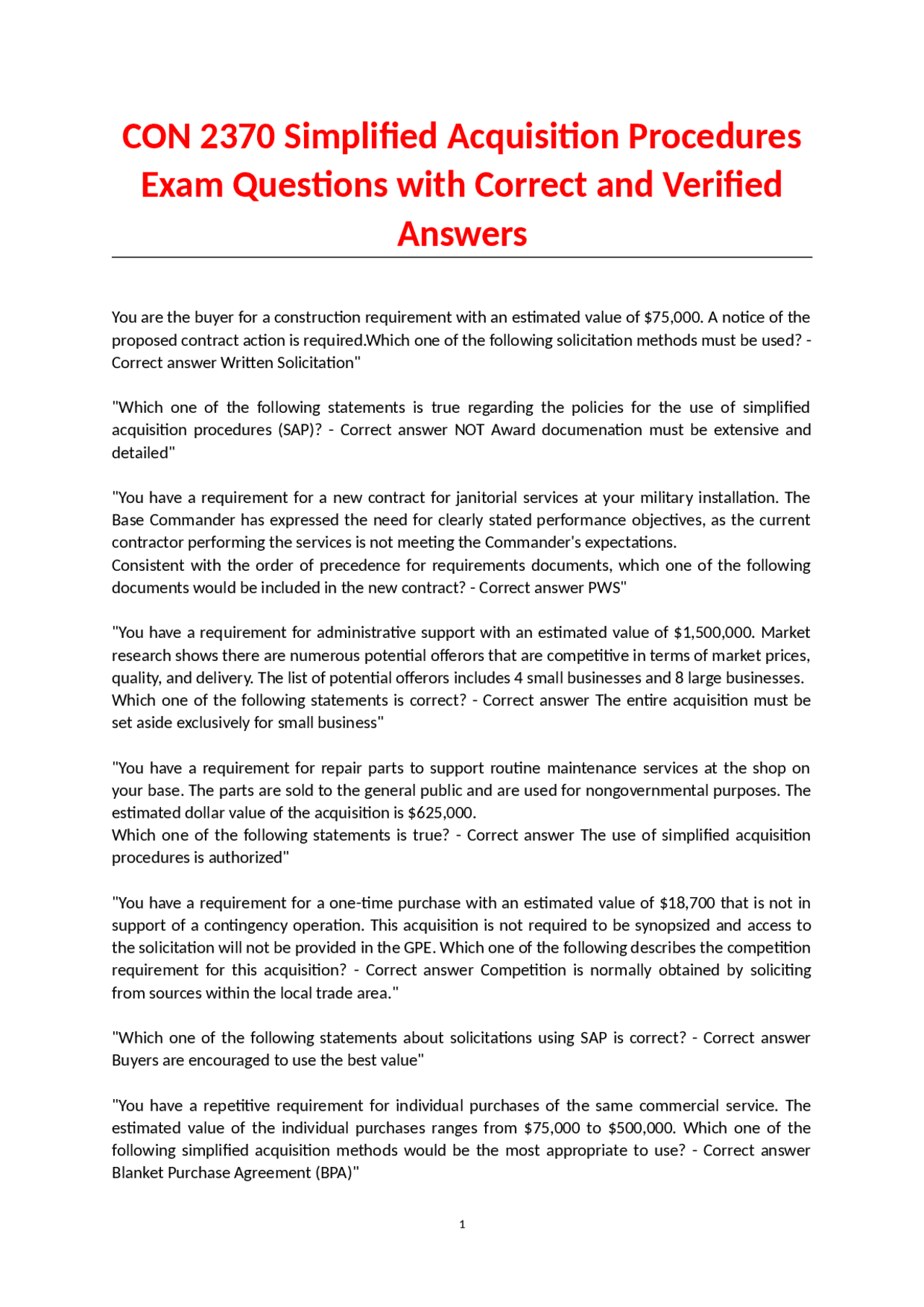 CON 2370 Simplified Acquisition Procedures Exam Questions with Correct ...