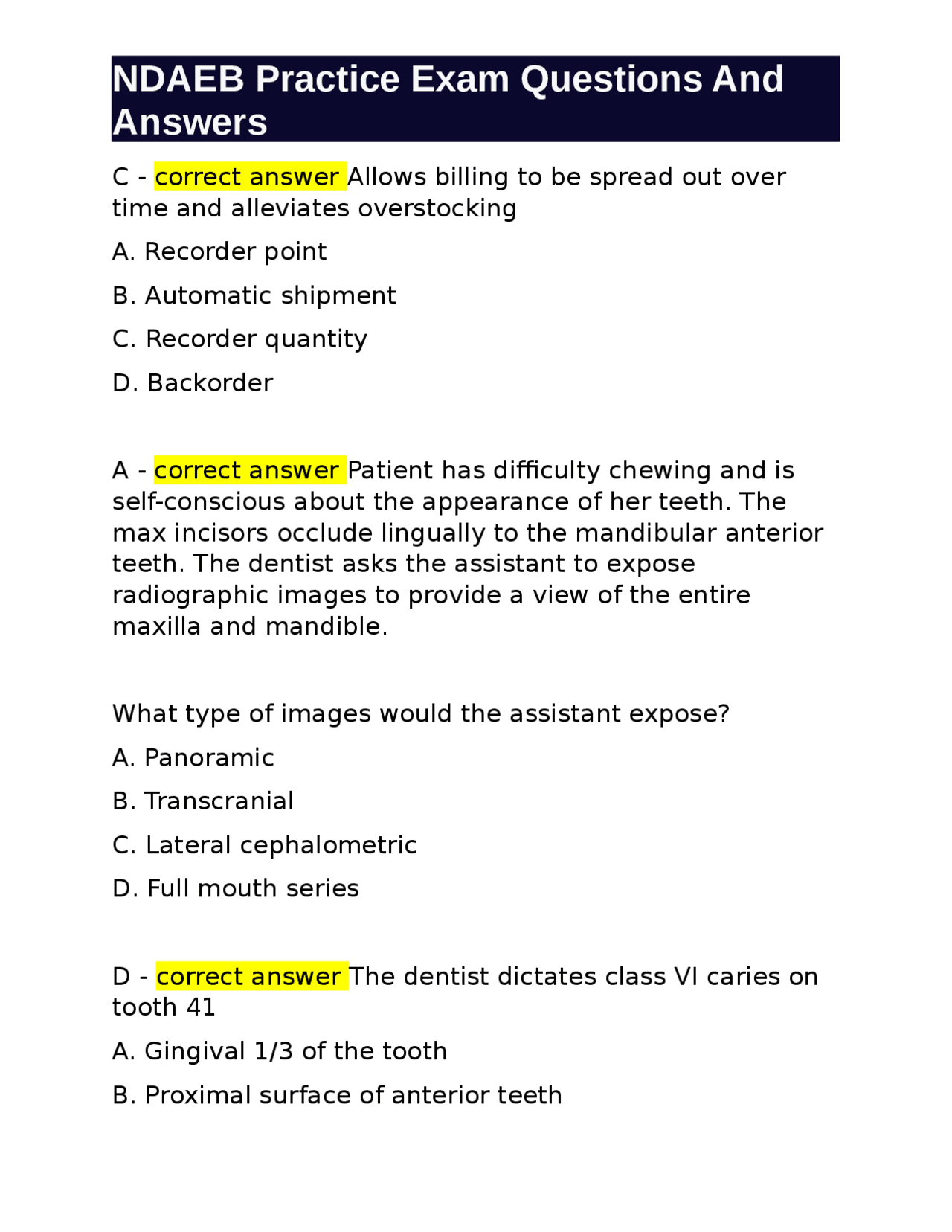 Ndaeb Practice Exam Questions And Answers Exams Medicine Docsity