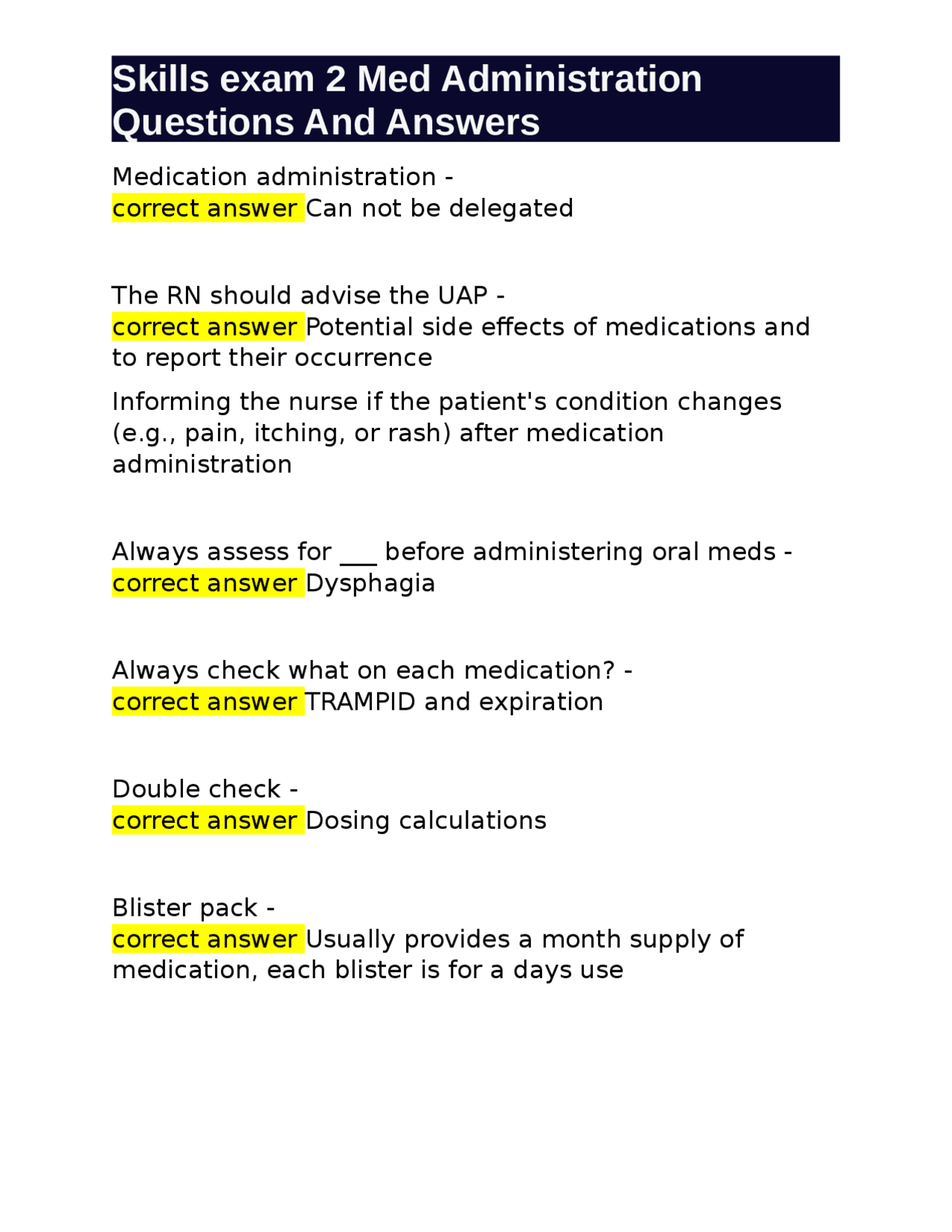 Medication Administration Skills Exam 2: Questions and Answers | Exams ...