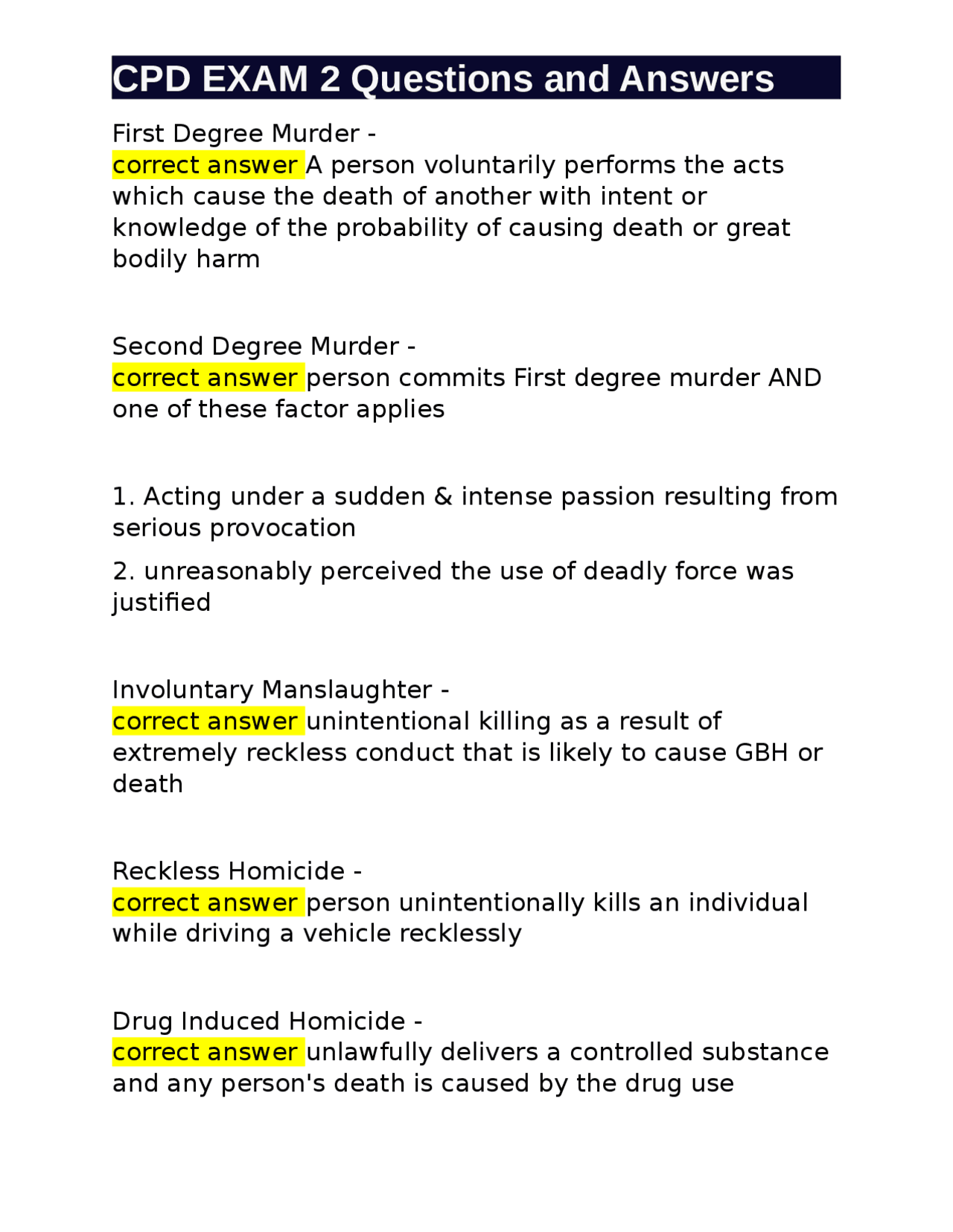 CPD EXAM 2 Questions and Answers | Exams Law | Docsity