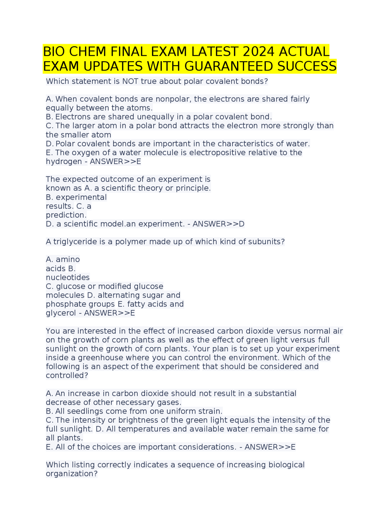 BIO CHEM FINAL EXAM LATEST 2024 ACTUAL EXAM UPDATES WITH GUARANTEED ...