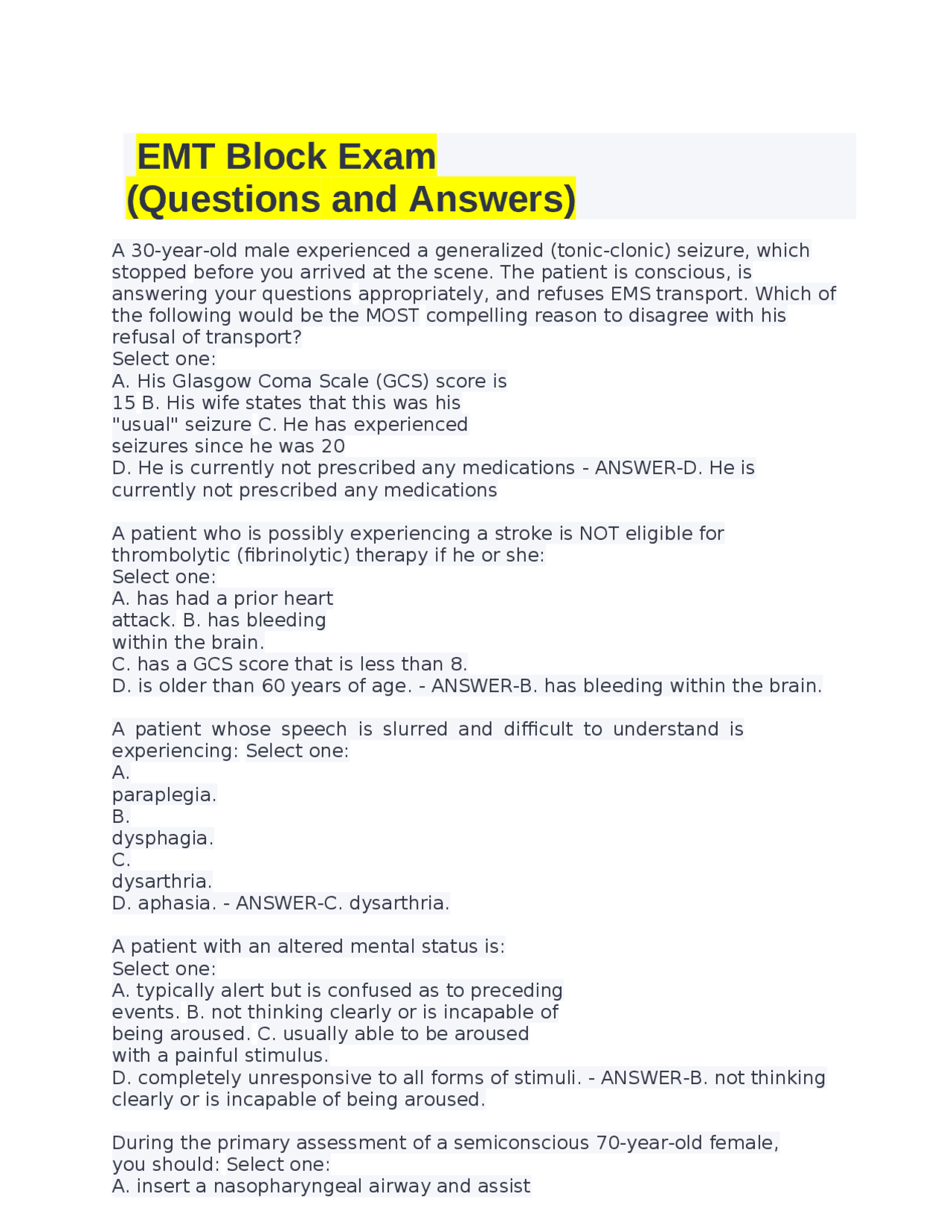 EMT Block Exam (Questions and Answers) | Exams Nursing | Docsity