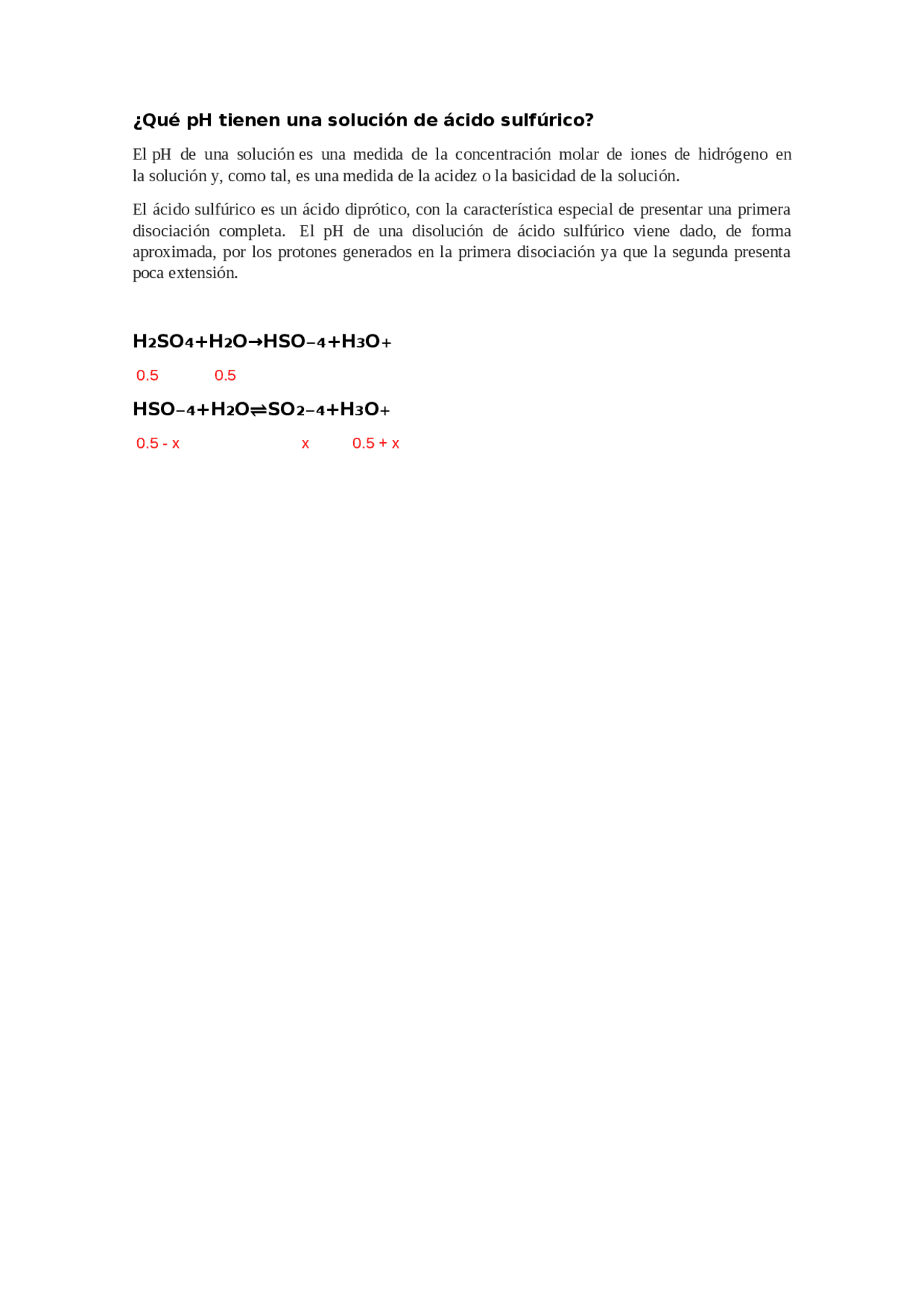Qué pH tienen una solución de ácido sulfúrico | Ejercicios de Química | Docsity