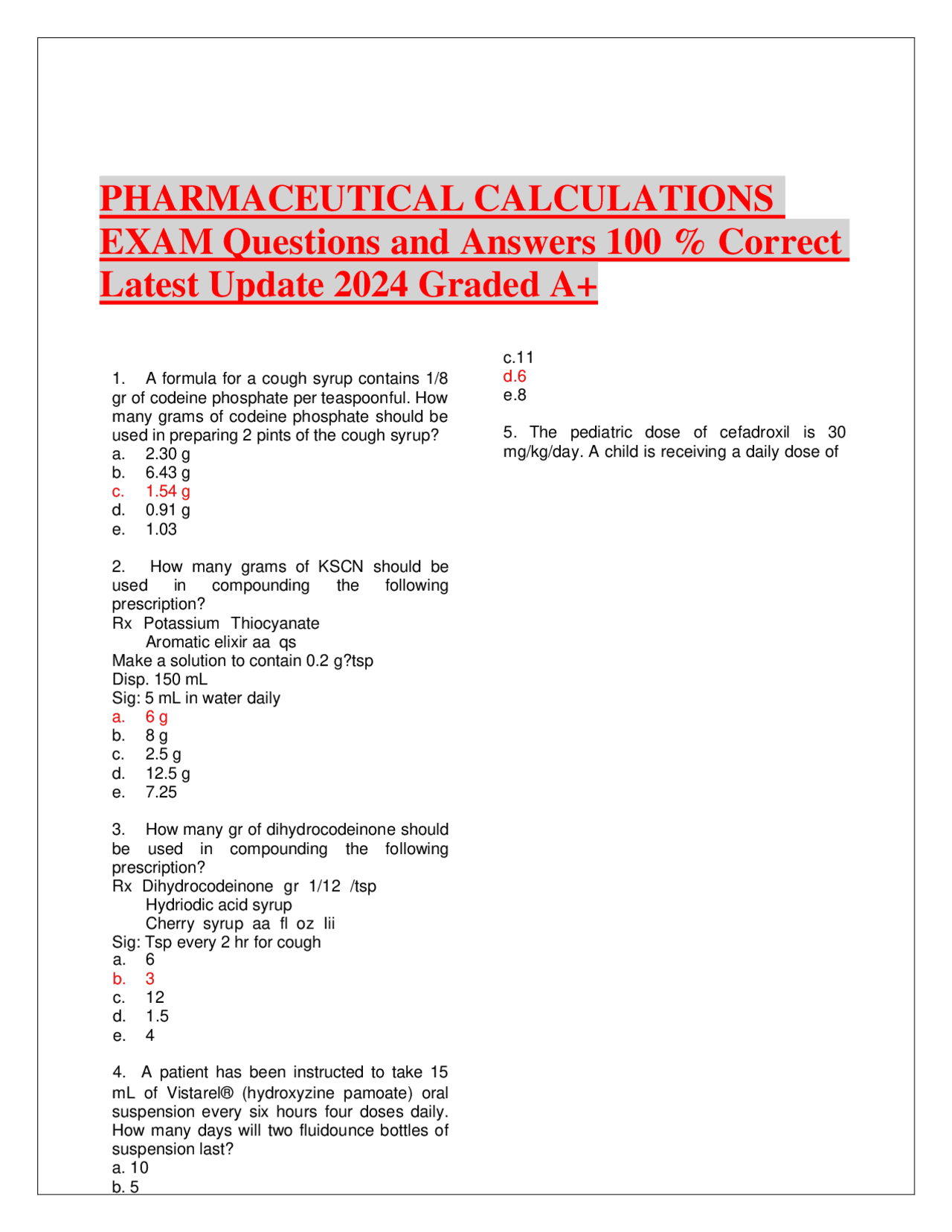 PHARMACEUTICAL CALCULATIONS EXAM Questions and Answers 100 % Correct ...