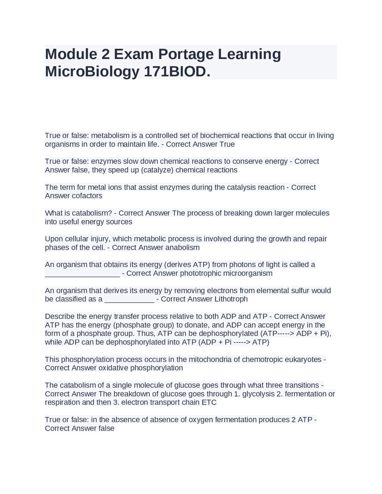 Module 2 Exam Portage Learning MicroBiology 171BIOD. | Exams ...