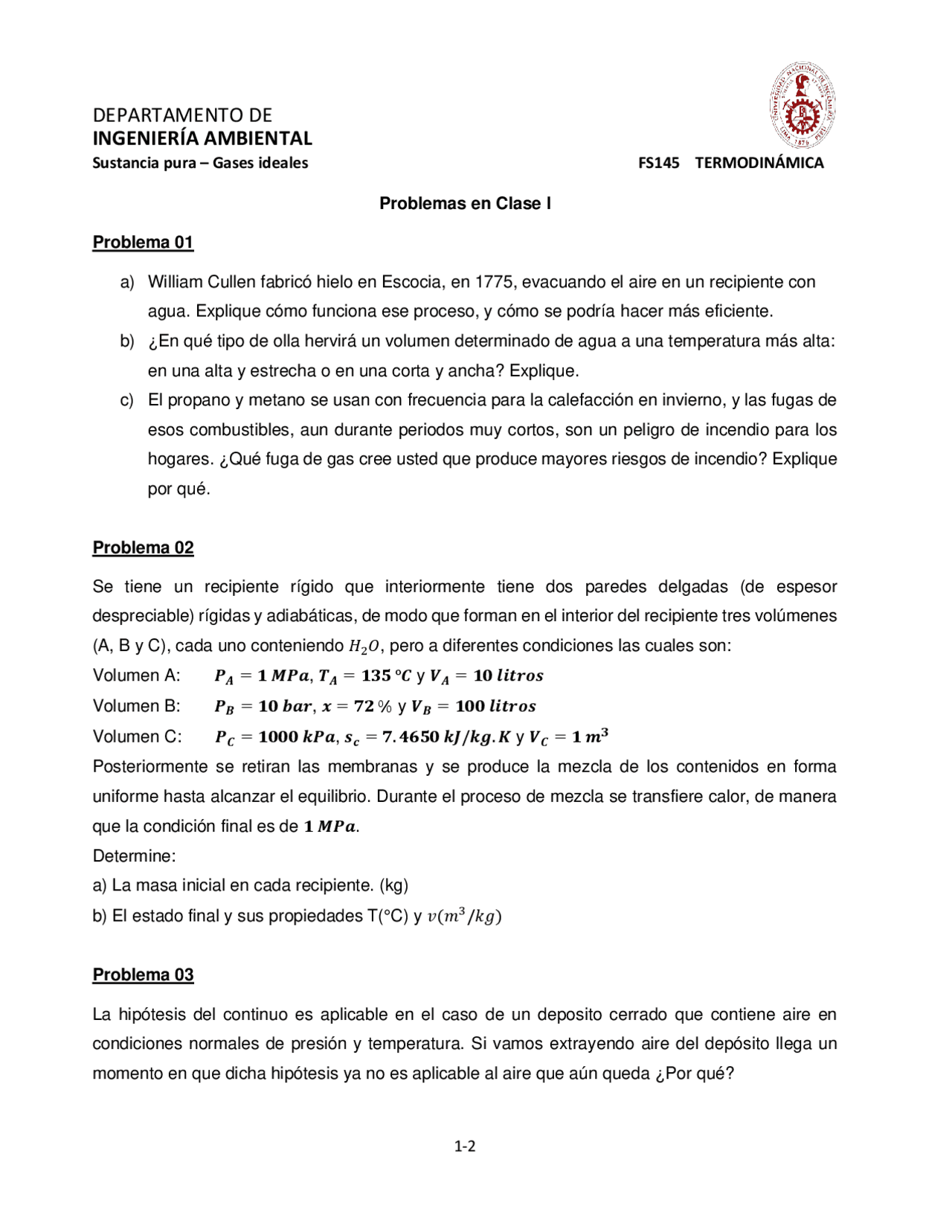 Termodinámica: Problemas en Clase I | Ejercicios de Termodinámica | Docsity