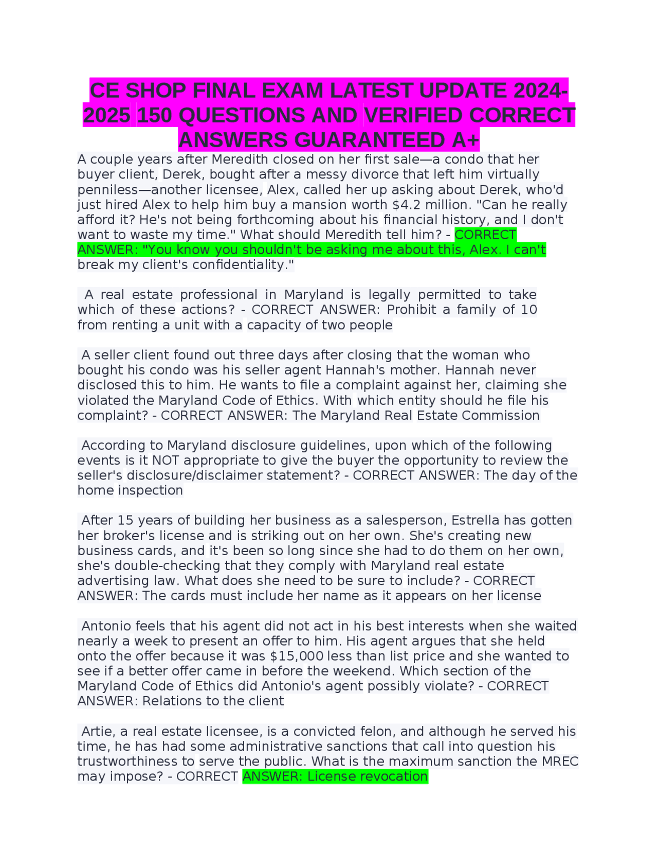 CE SHOP FINAL EXAM LATEST UPDATE 2024- 2025 150 QUESTIONS AND VERIFIED ...