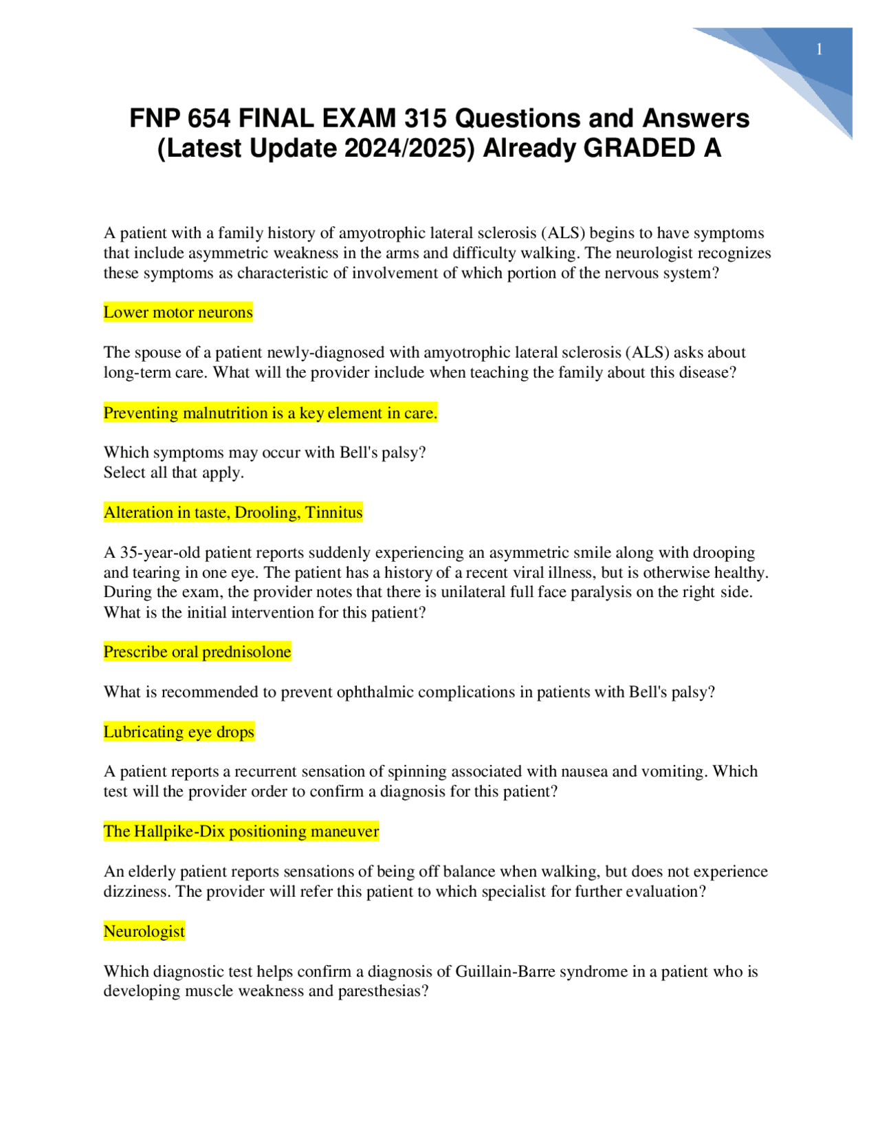 FNP 654 FINAL EXAM 315 Questions and Answers (Latest Update 2024/2025 ...