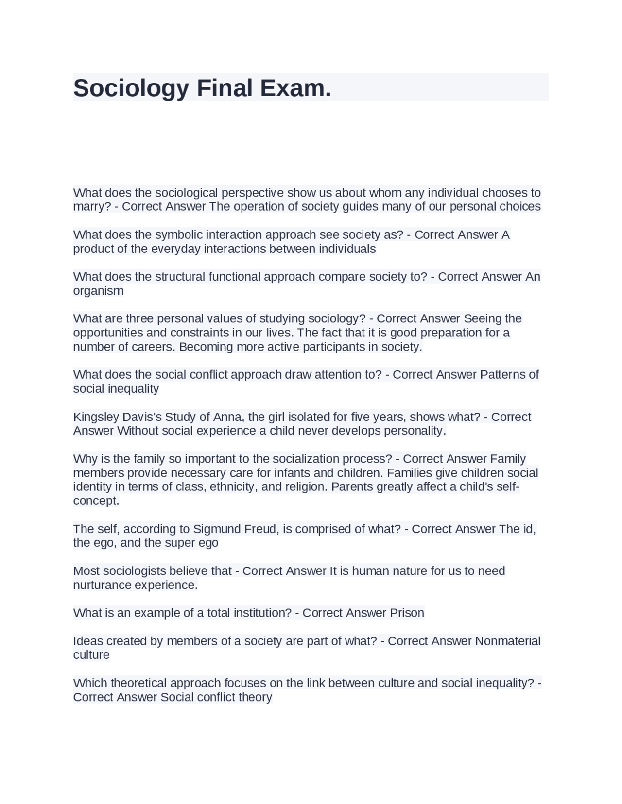 Sociology Final Exam Questions and Answers | Exams Sociology | Docsity