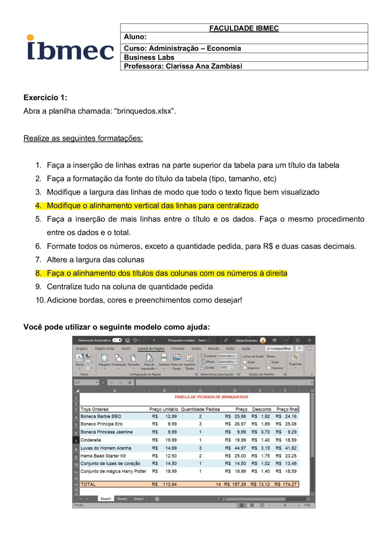 Exercícios de Formatação e Cálculos em Planilhas Excel | Exercícios ...