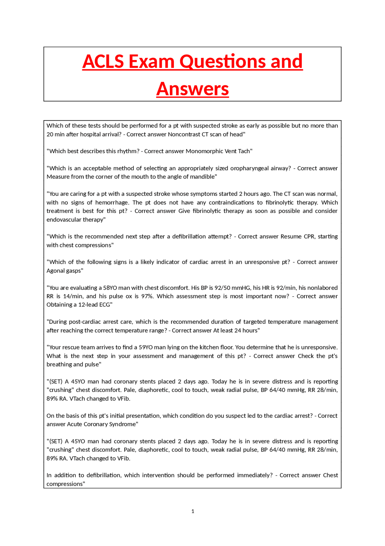 ACLS Exam Questions and Answers for Suspected Stroke and Cardiac Arrest ...
