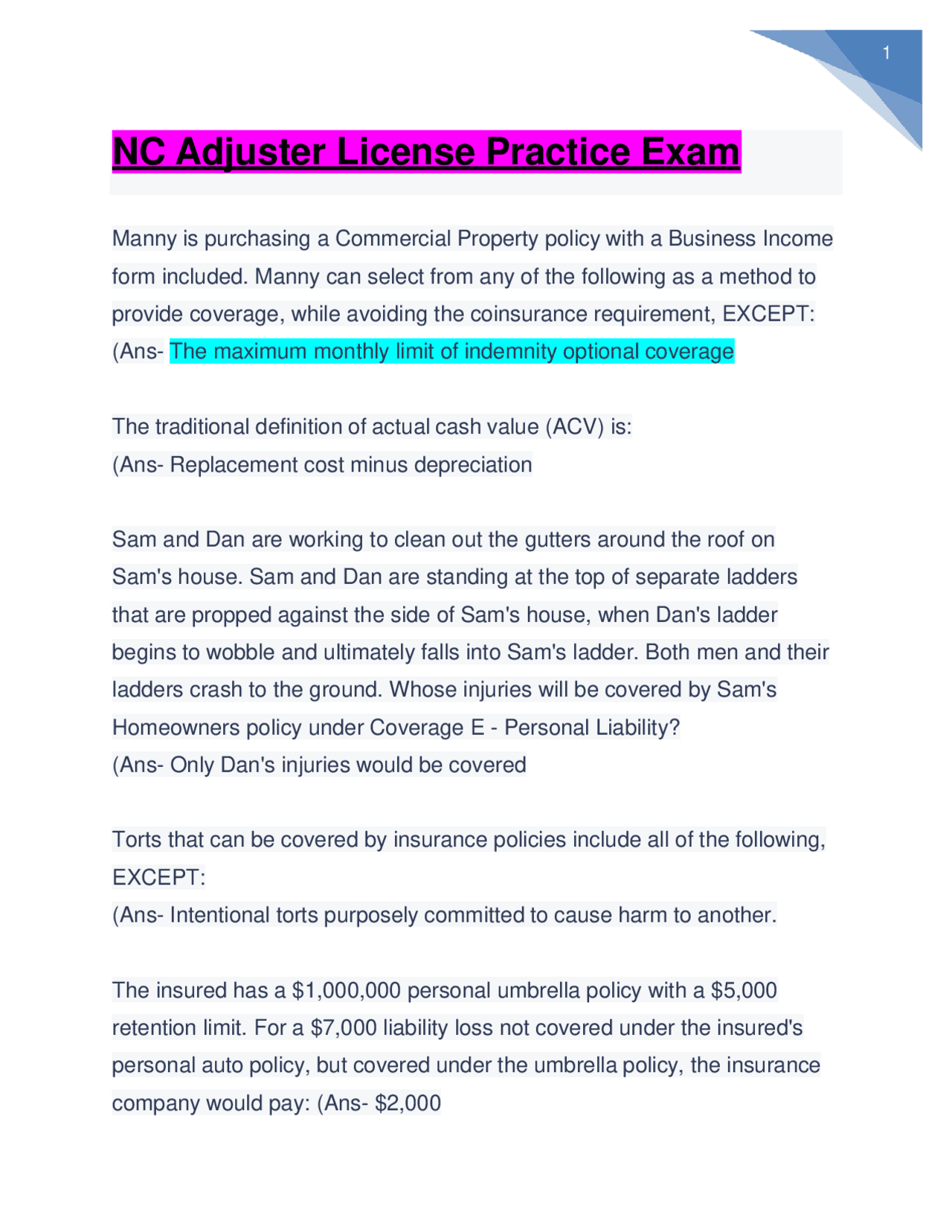 NC Adjuster License Practice Exam (With Complete Solution) | Exams ...