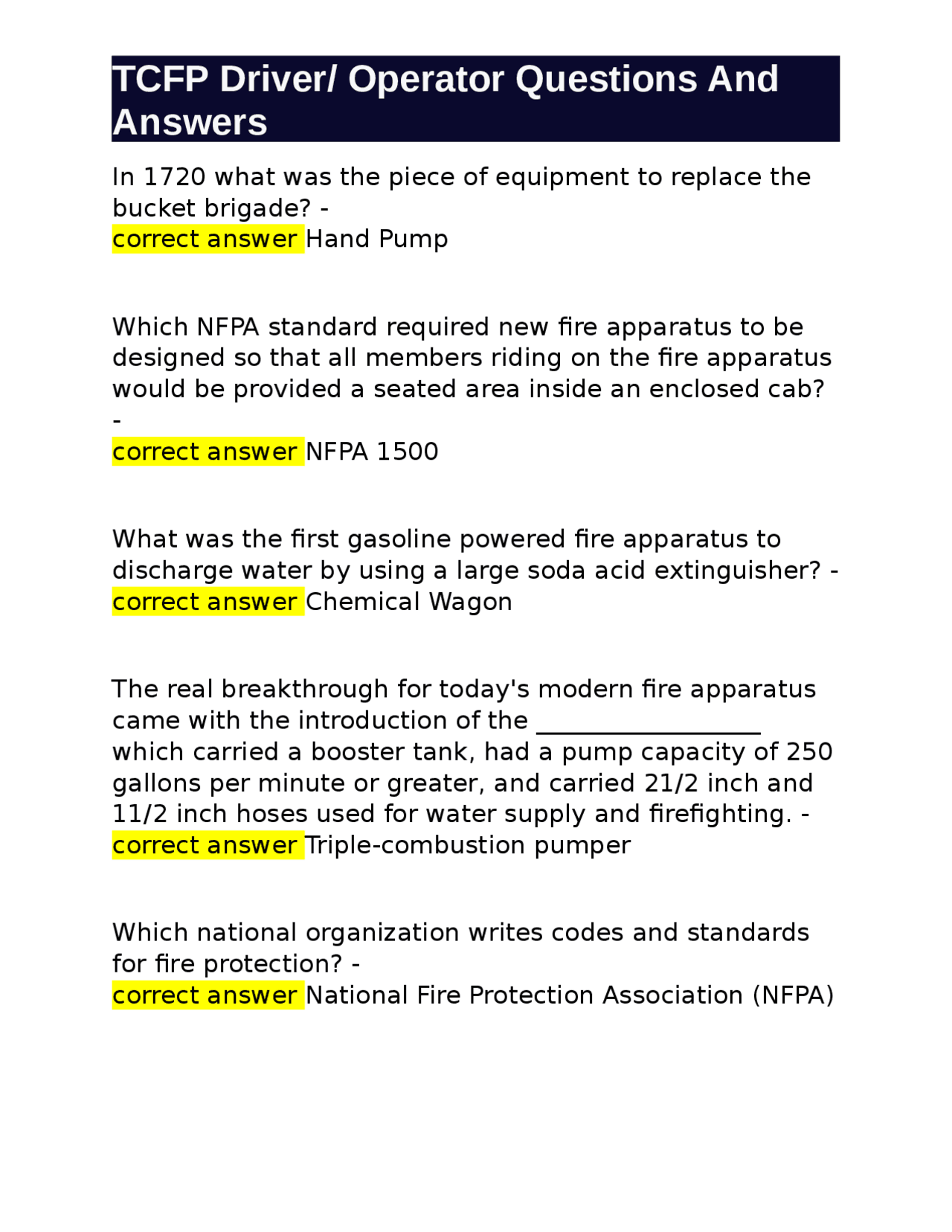 TCFP Driver/ Operator Questions And Answers | Exams Safety and Fire ...