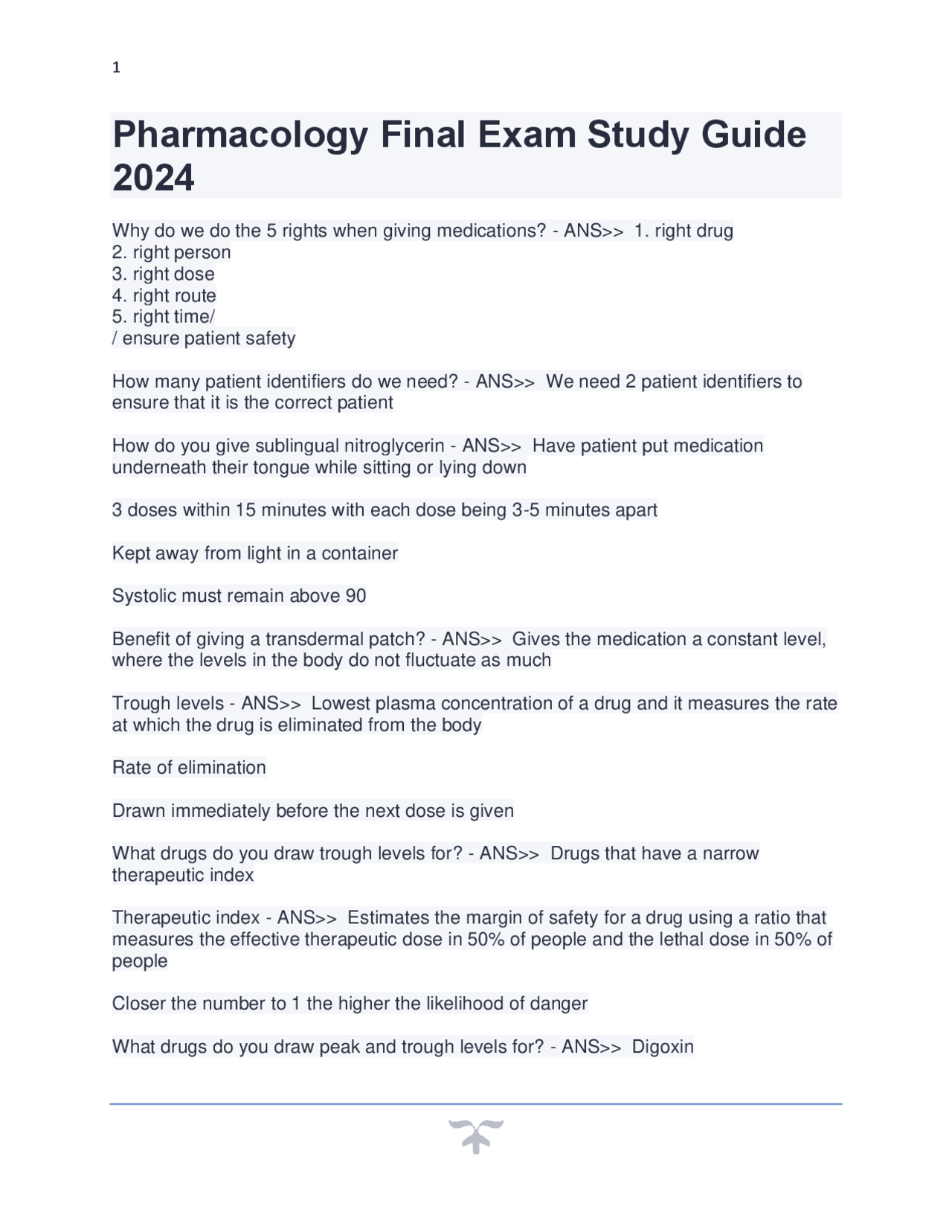 Pharmacology & Drug Administration: Dosage, Levels, Index, Interactions | Exams Nursing | Docsity