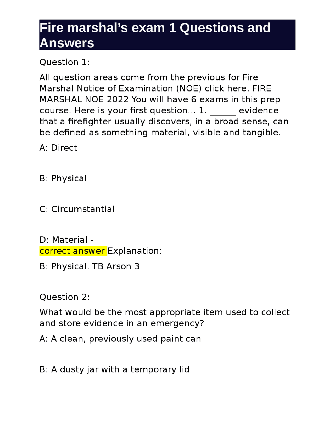 Fire marshal’s exam 1 Questions and Answers | Exams Safety and Fire ...