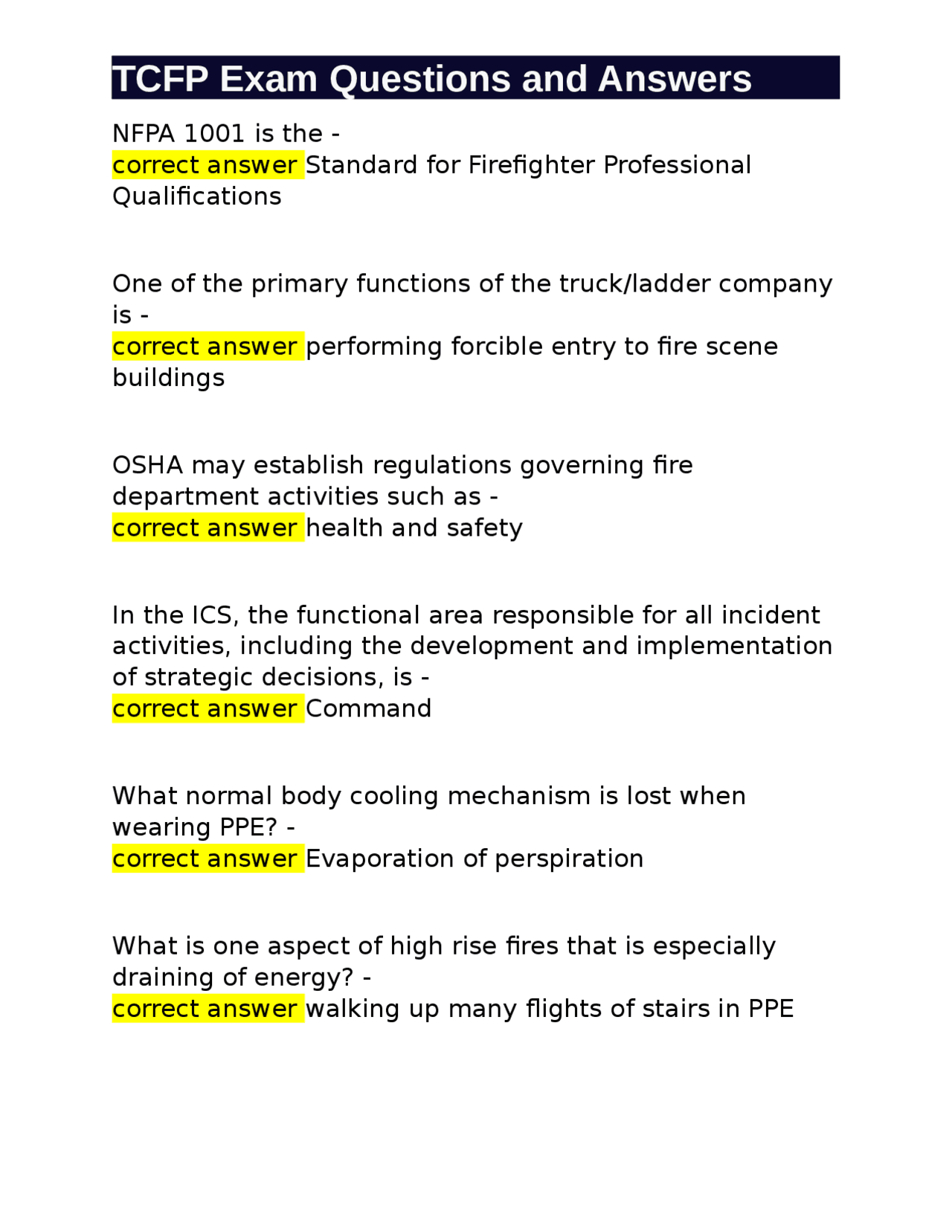 NFPA 1001 Firefighter Professional Qualifications Exam Questions and ...