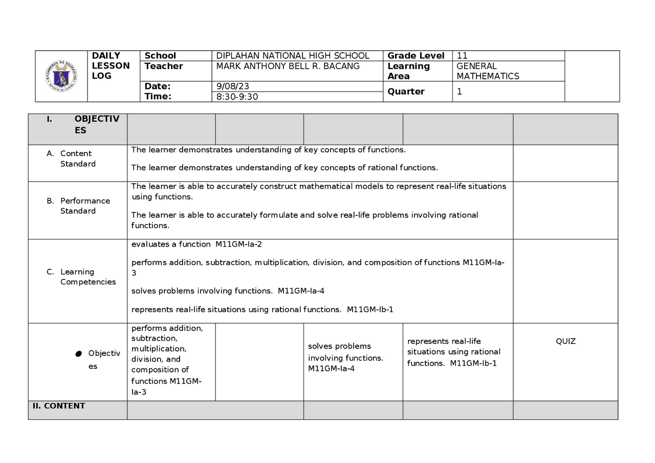 Daily Lesson Log for General Mathematics | Essays (high school ...
