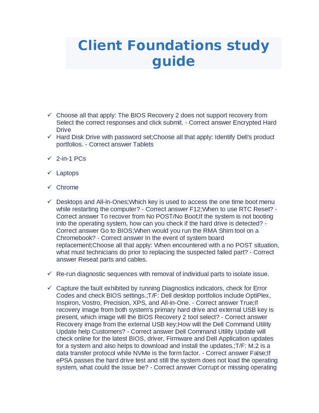 Client Foundations study guide | Exams Computer Science | Docsity