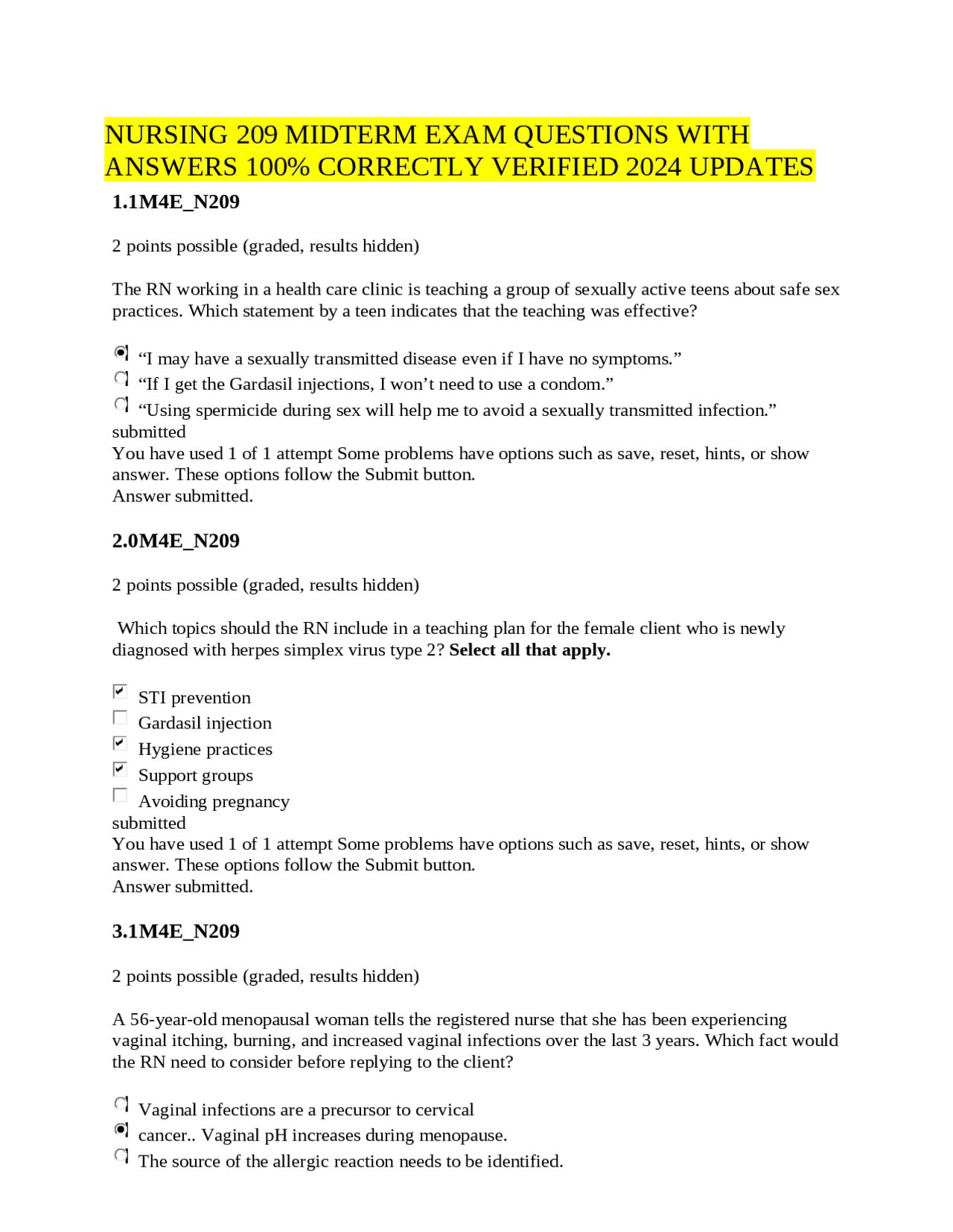 NURSING 209 MIDTERM EXAM QUESTIONS WITH ANSWERS 100% CORRECTLY VERIFIED ...