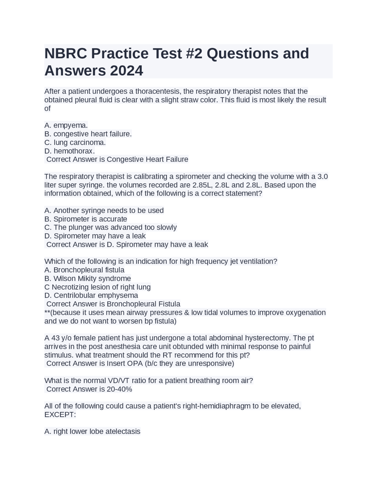 NBRC Practice Test #2 Questions and Answers 2024 | Exams Nursing | Docsity
