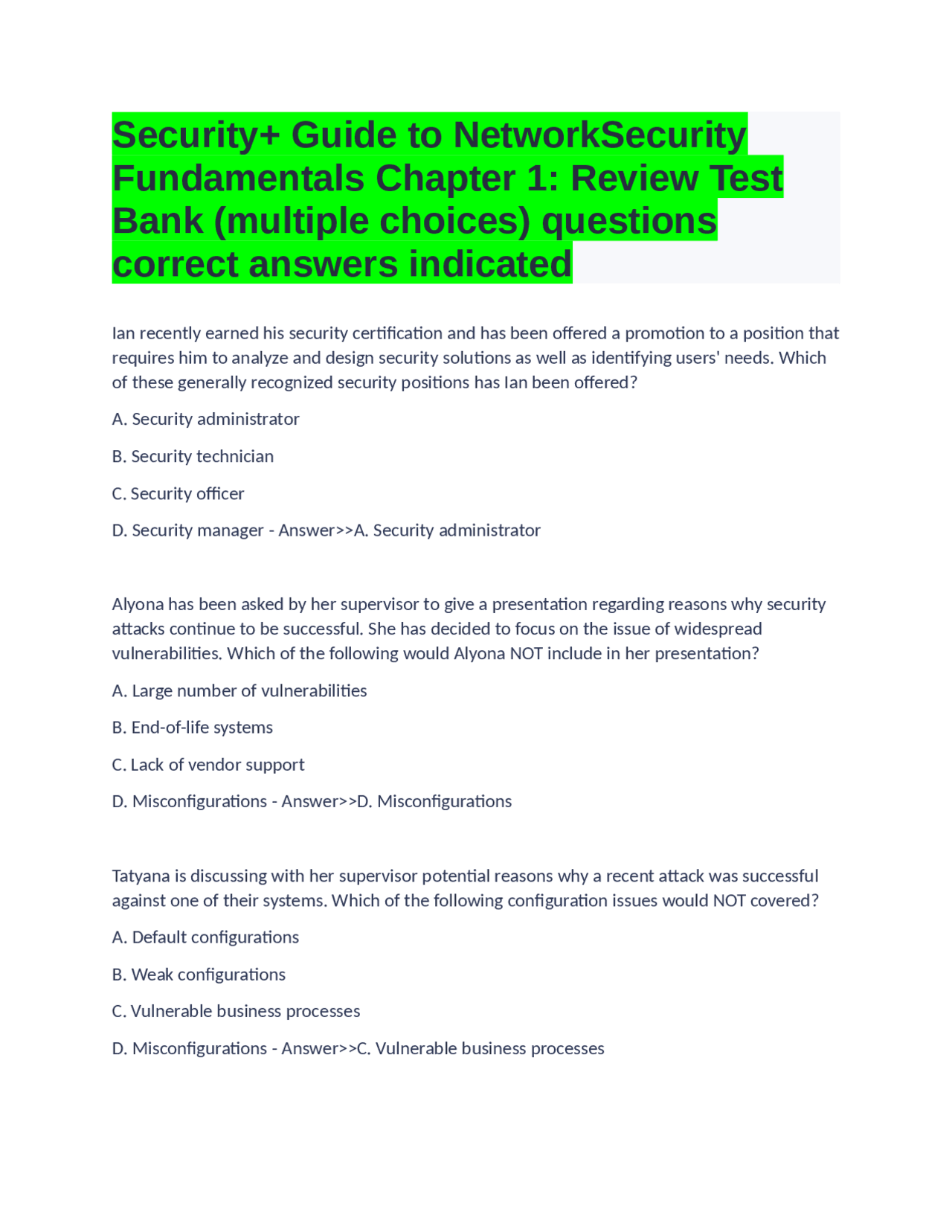 Security+ Guide to Network Security: Fundamentals Chapter 1 Review Test ...