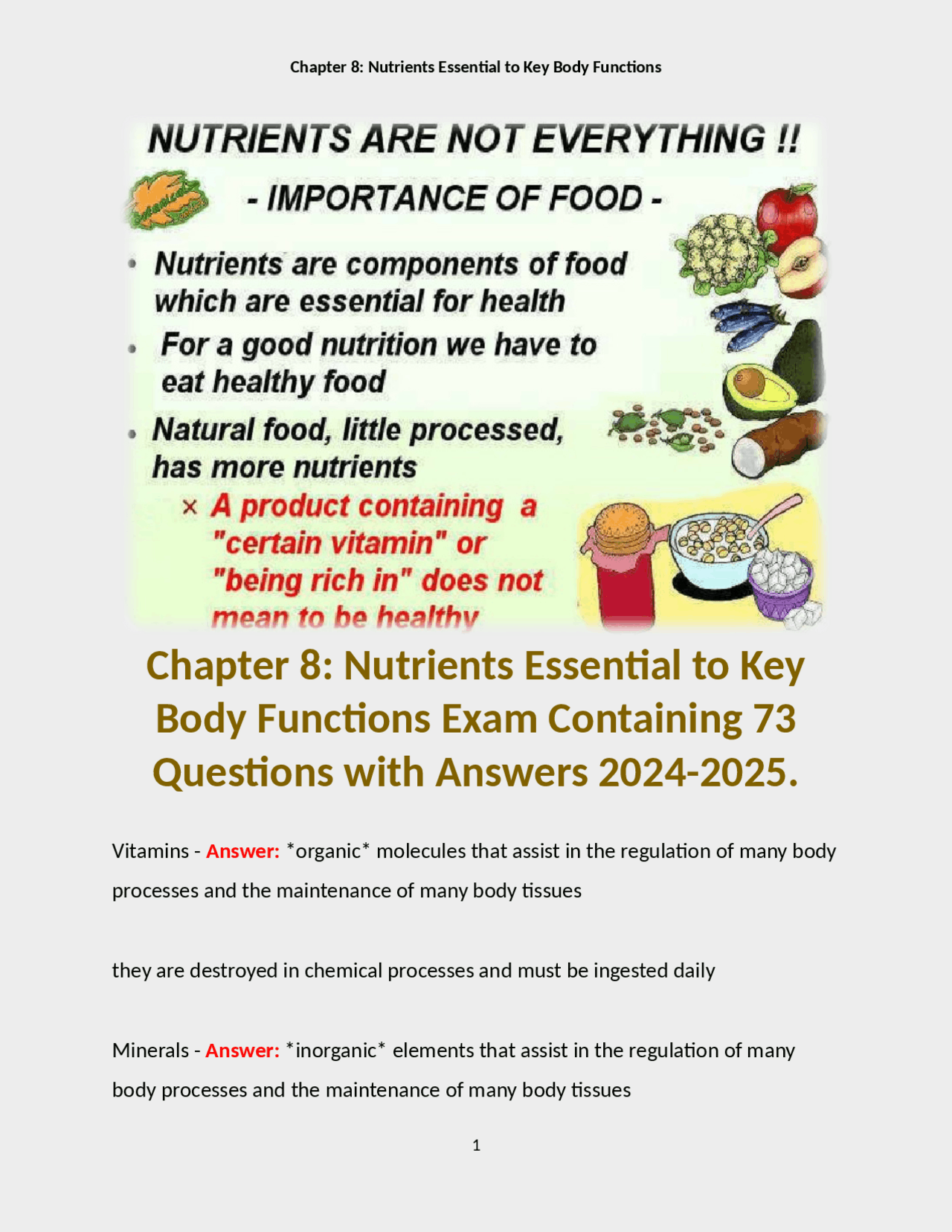 Chapter 8: Nutrients Essential to Key Body Functions Exam Containing 73 ...