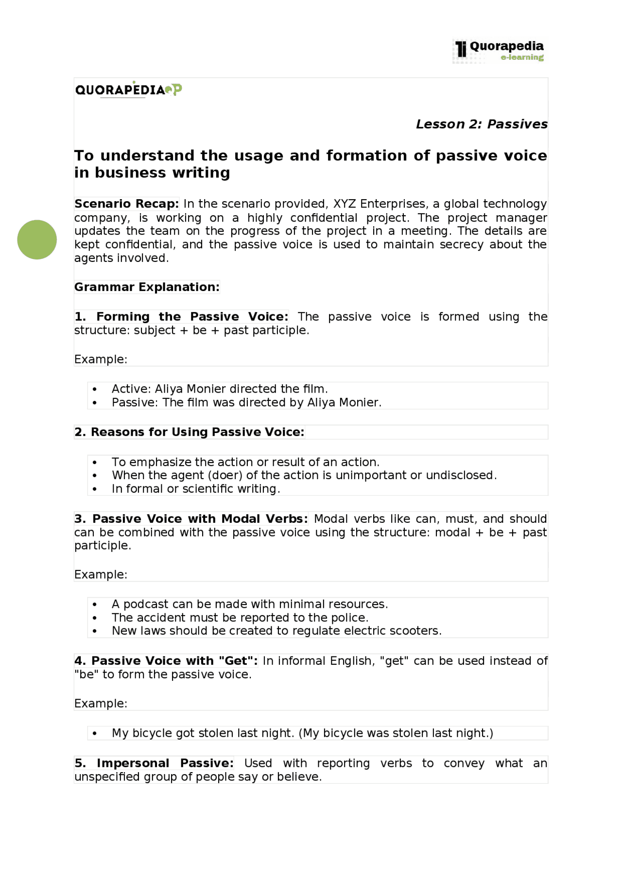 Passive Voice in Business Writing: Usage and Formation | Assignments Technical Writing | Docsity