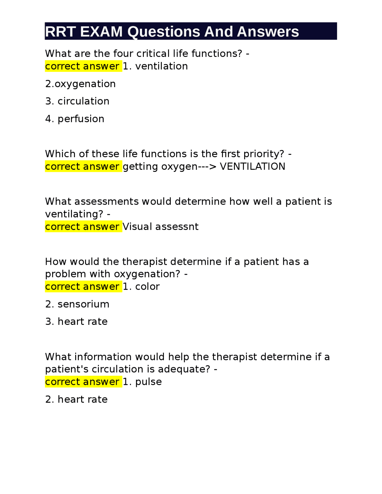 RRT EXAM Questions And Answers | Exams Occupational therapy | Docsity