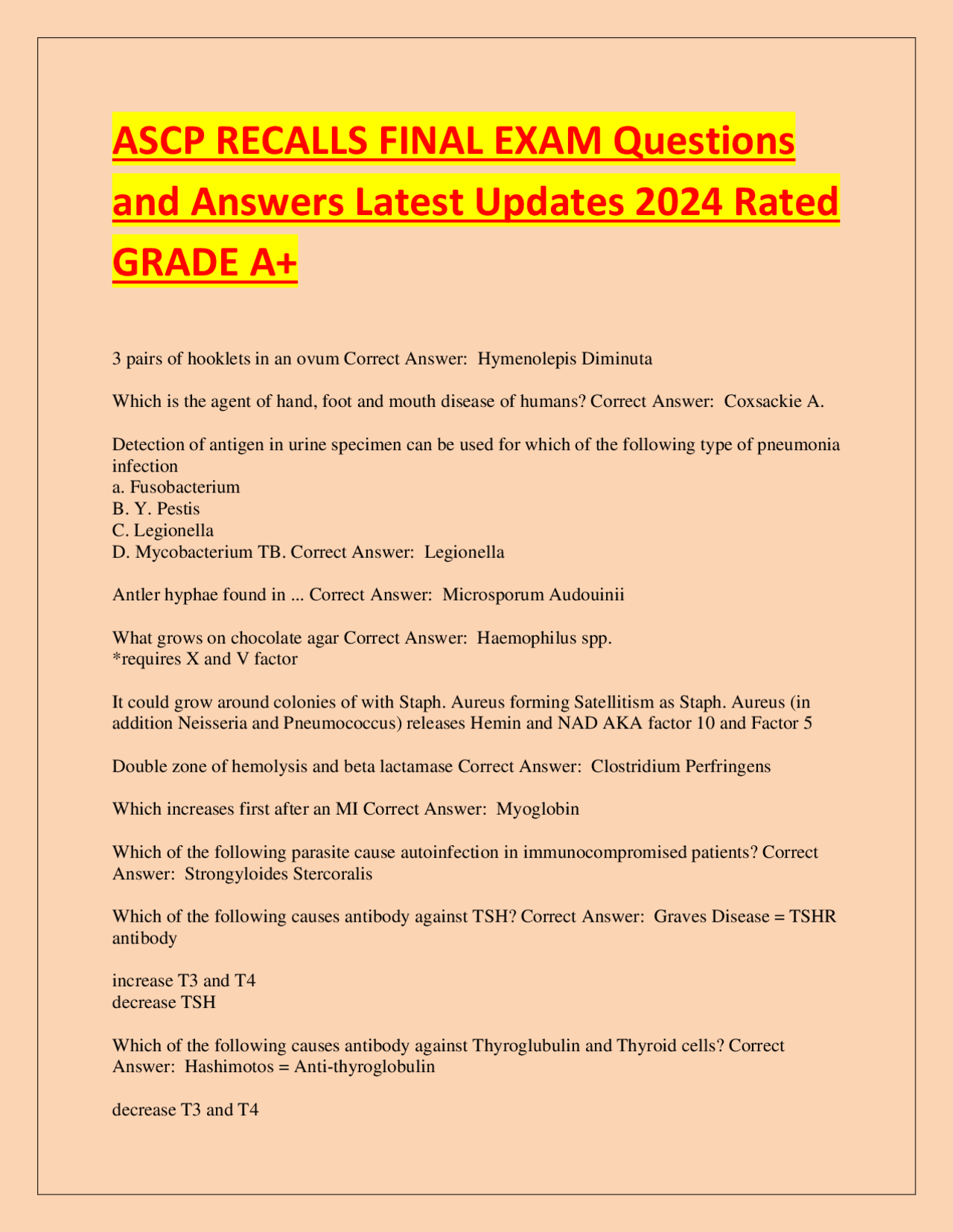 ASCP RECALLS FINAL EXAM Questions and Answe | Exams Nursing | Docsity