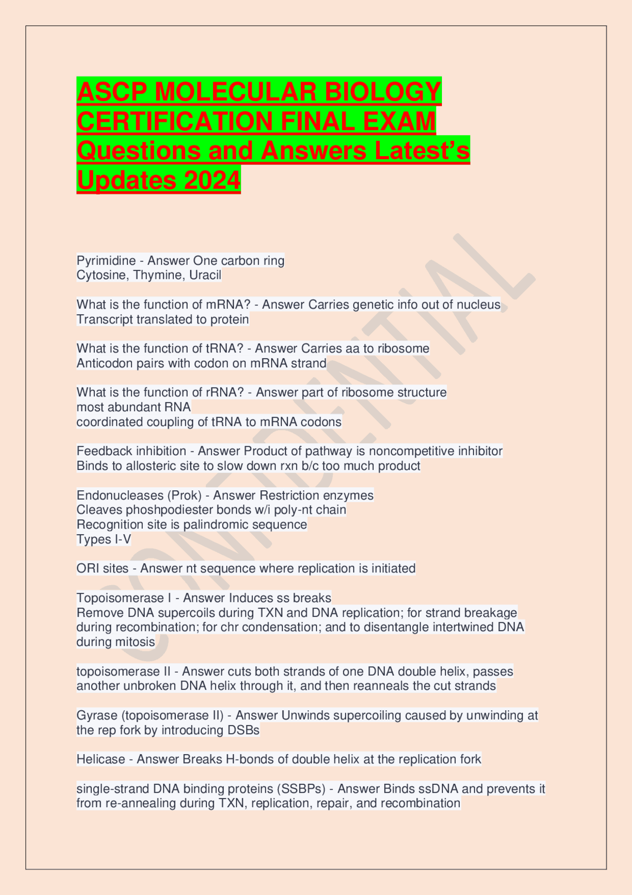 ASCP MOLECULAR BIOLOGY CERTIFICATION FINAL EXAM Questions and Answers ...