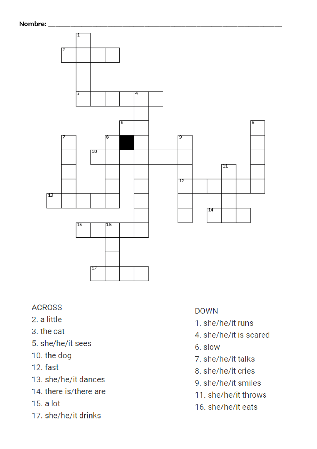 Spanish Vocabulary Crossword | Exercises Spanish | Docsity