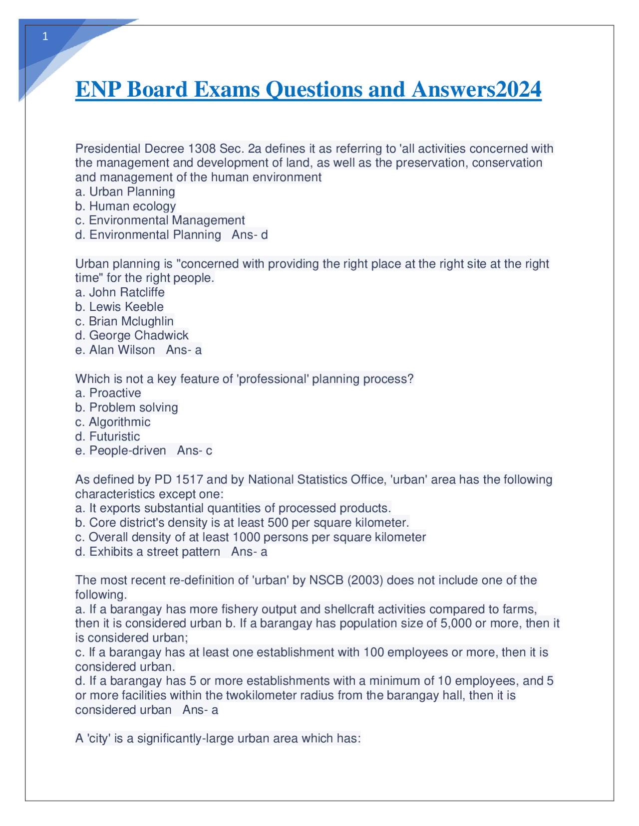 ENP Board Exams Questions and Answers2024 | Exams Nursing | Docsity