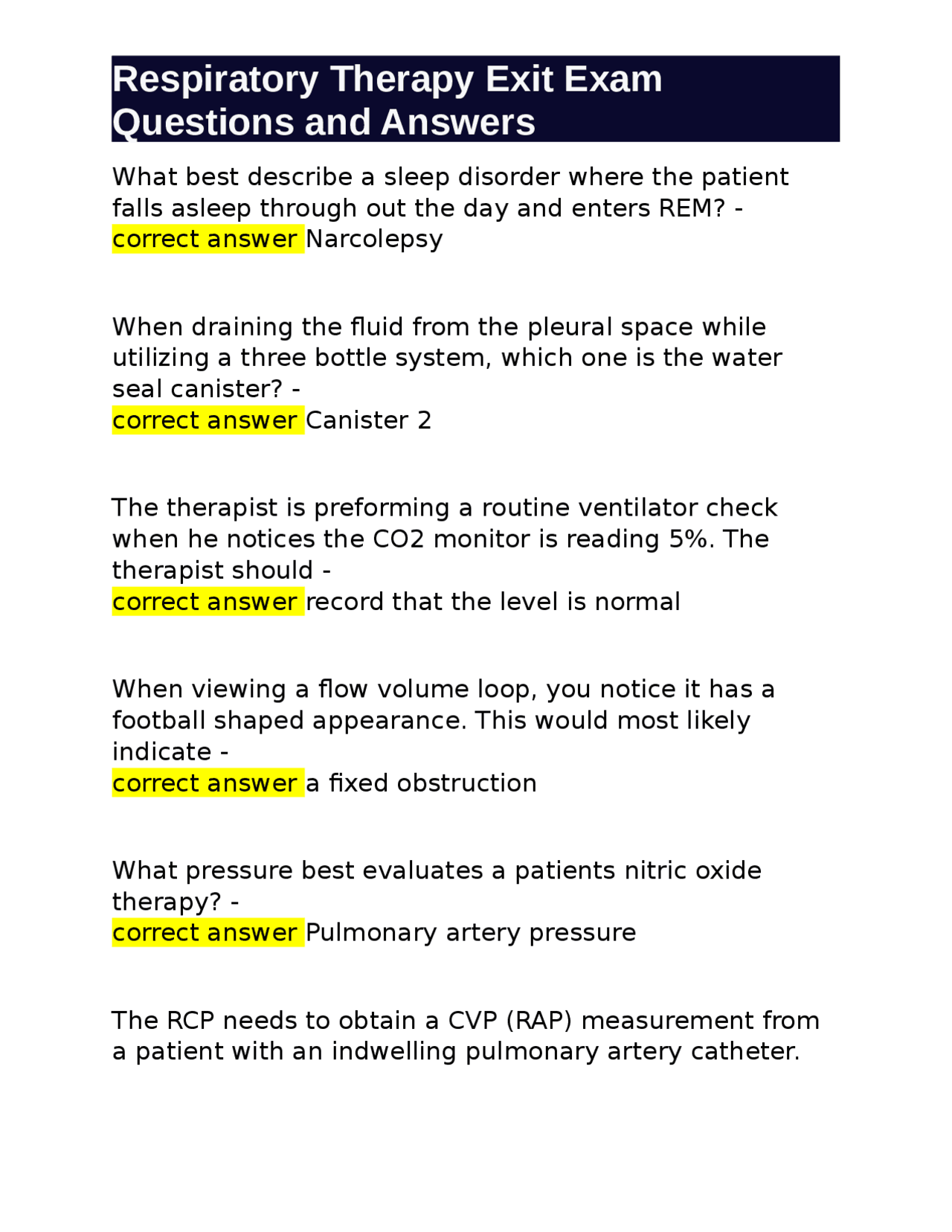 Respiratory Therapy Exit Exam: Questions and Answers | Exams ...