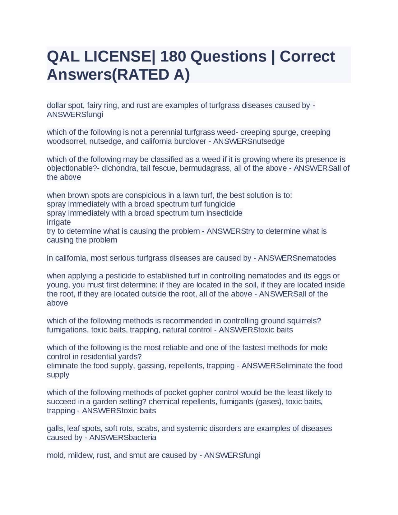 QAL LICENSE| 180 Questions | Correct Answers(RATED A) | Exams ...