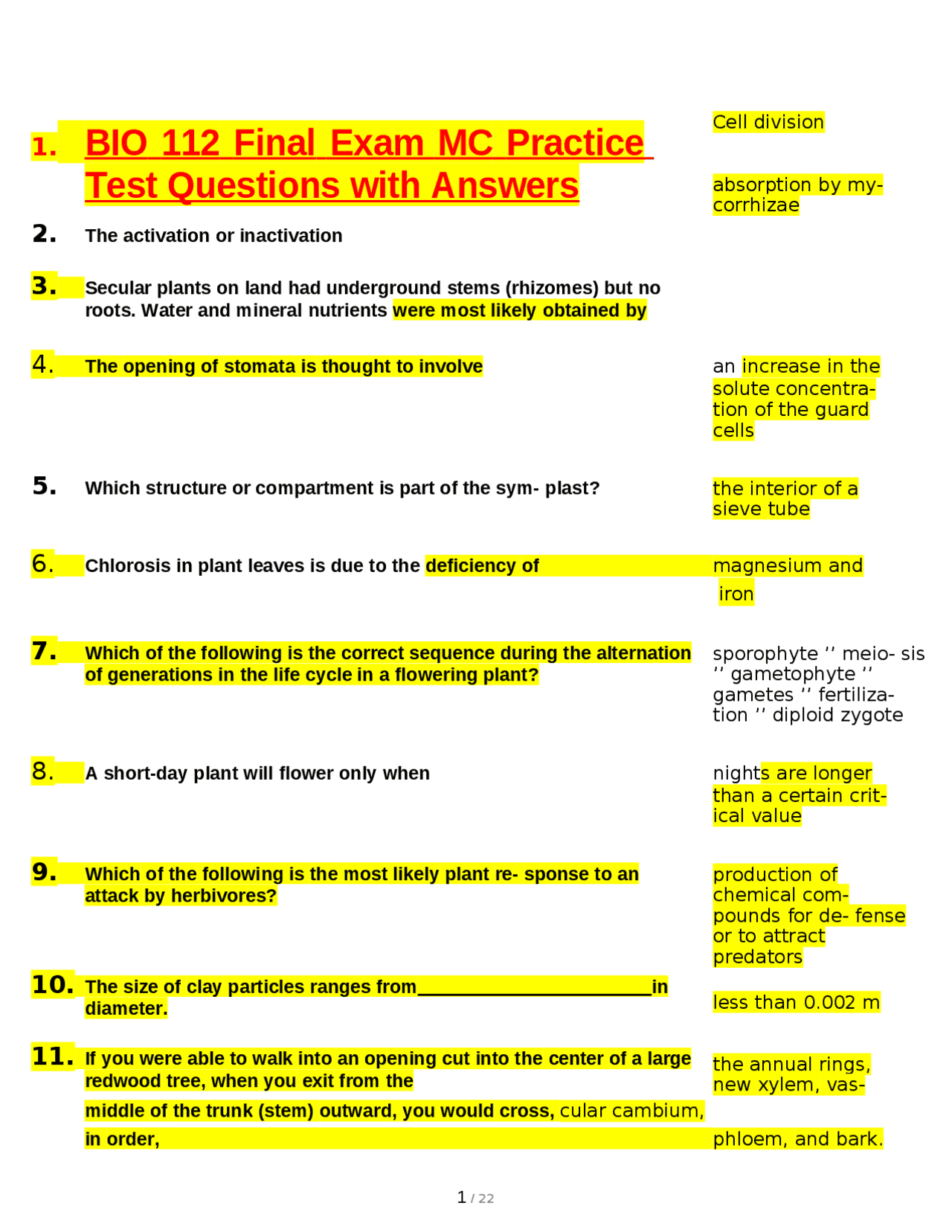 1. BIO 112 Final Exam MC Practice Test Questions with Answers | Exams ...